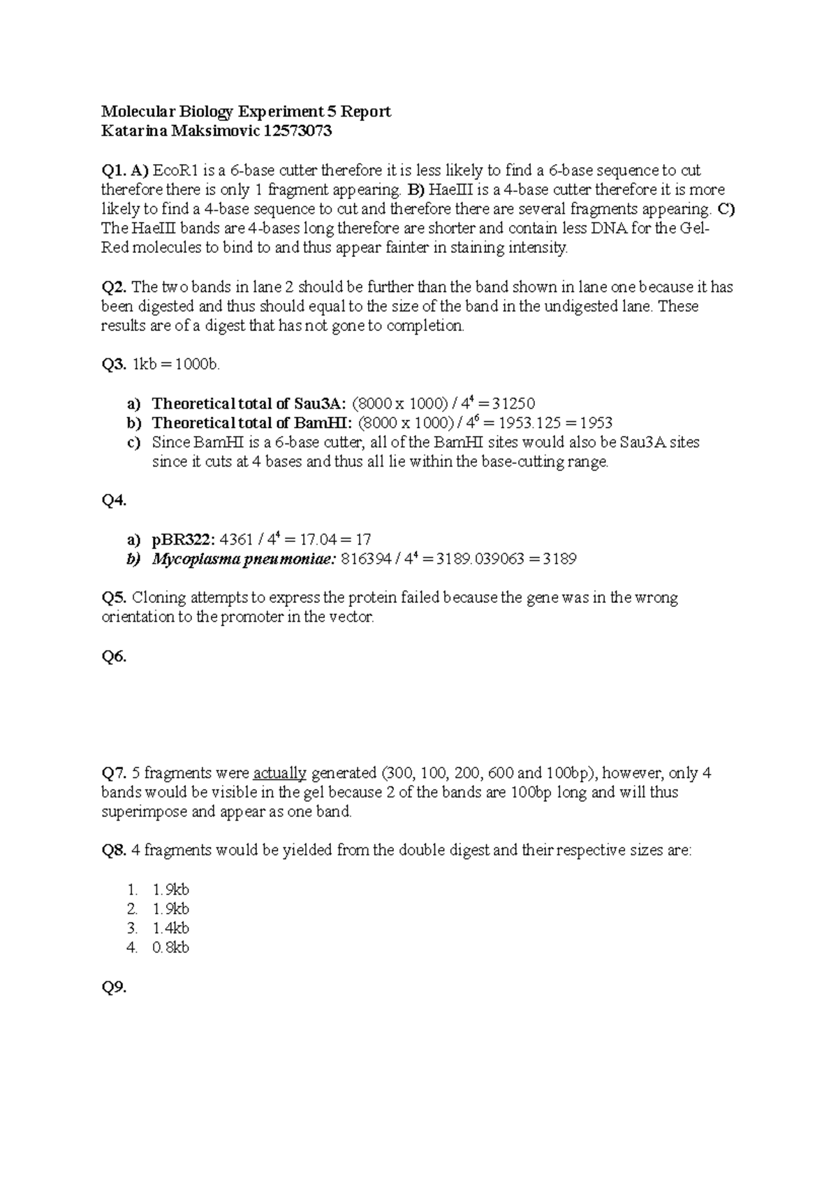 Molecular Biology Experiment 5 Report - Molecular Biology Experiment 5 ...