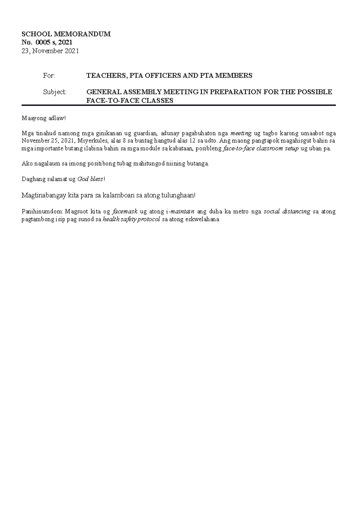 School Memorandum No. 0005 s, 2021 - SCHOOL MEMORANDUM No. 0005 s, 2021 ...