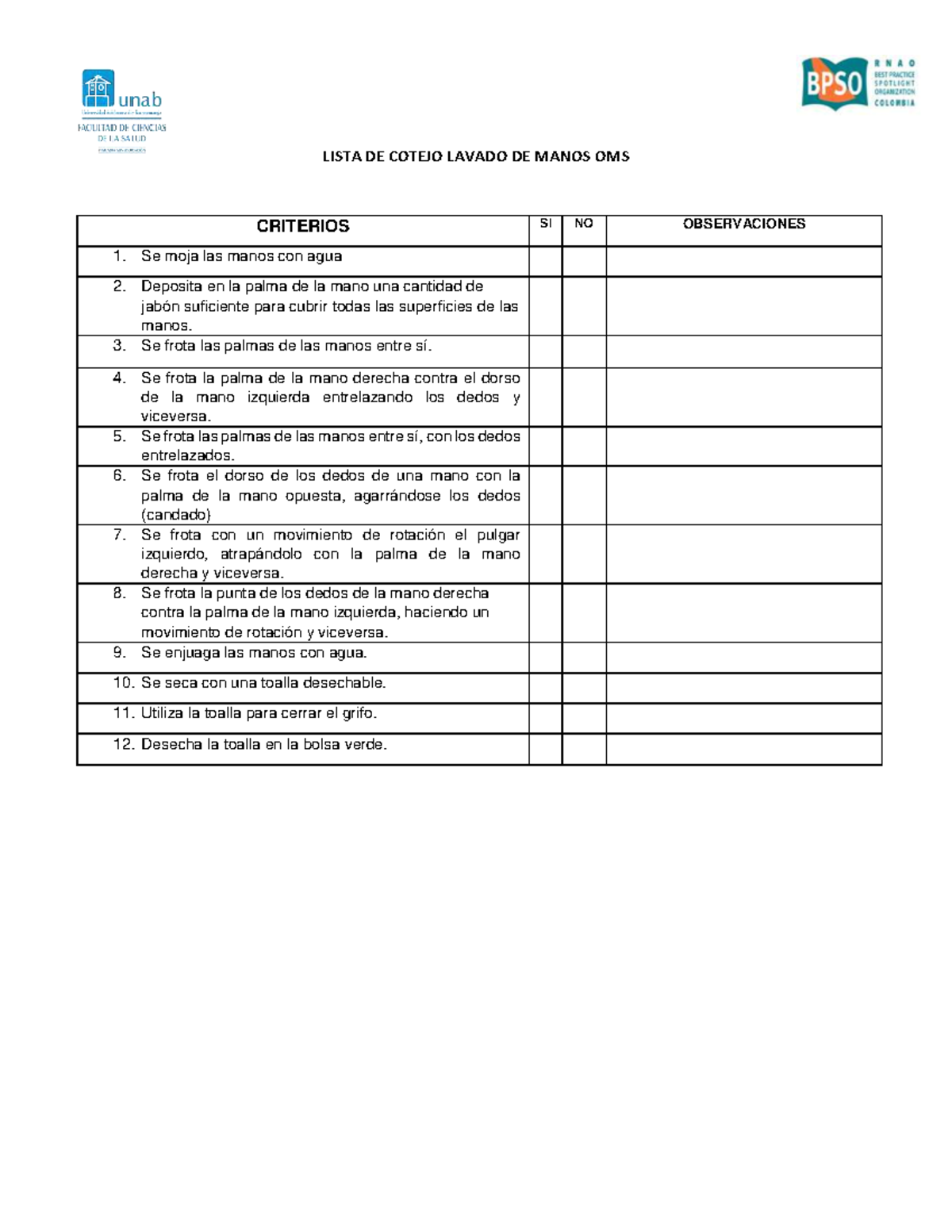 Lista chequeo lavado de manos - LISTA DE COTEJO LAVADO DE MANOS OMS ...