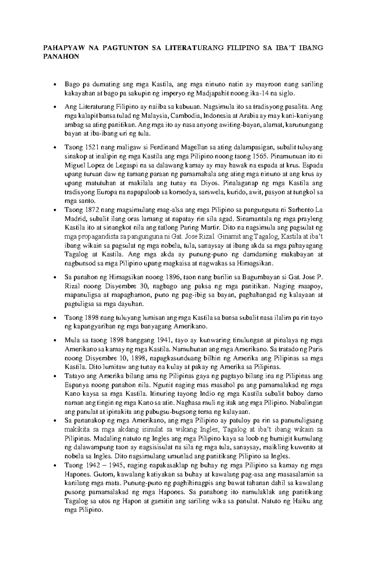 Pahapyaw NA Pagtunton SA Literaturang Filipino SA IBA’T Ibang Panahon ...