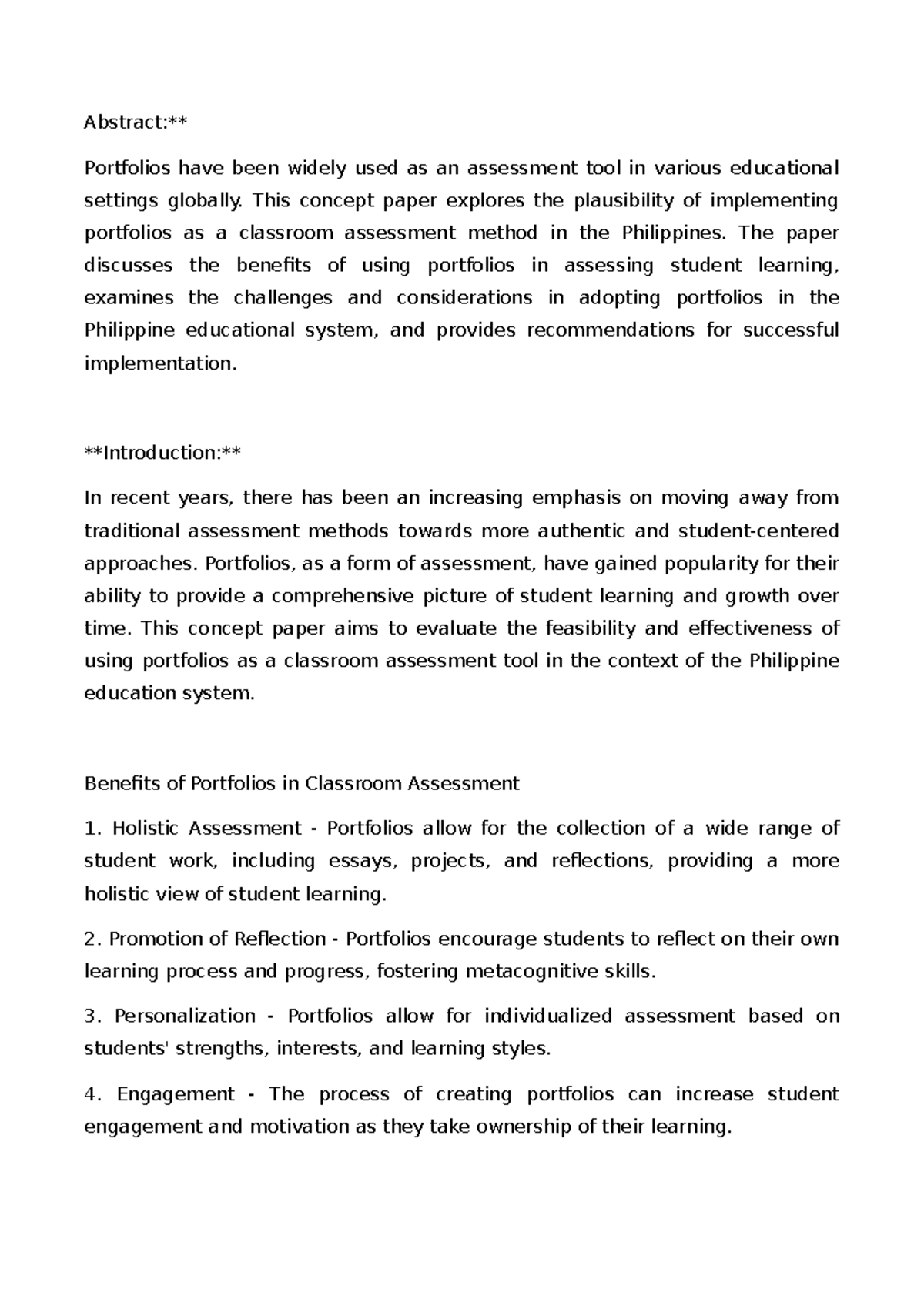 Concept paper - note - Abstract:** Portfolios have been widely used as ...