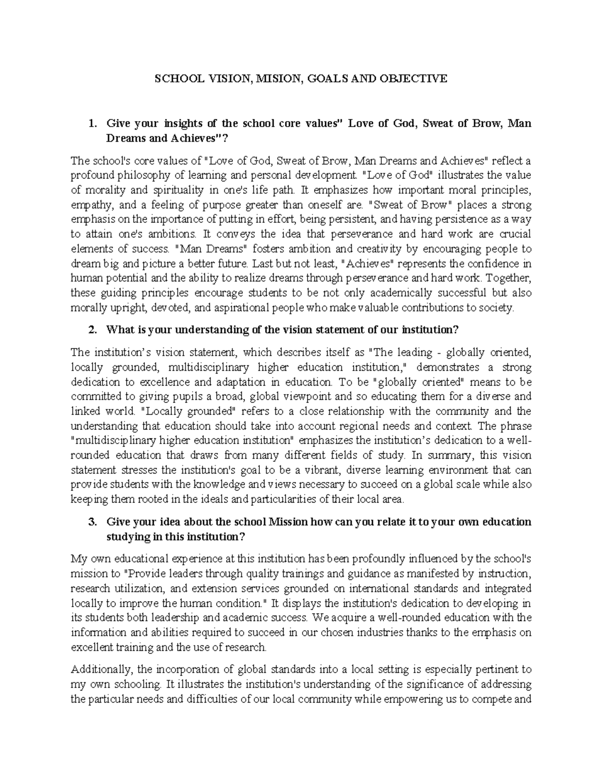 Ed 201-2. School Vision, Mision, Goals AND Objective - SCHOOL VISION ...