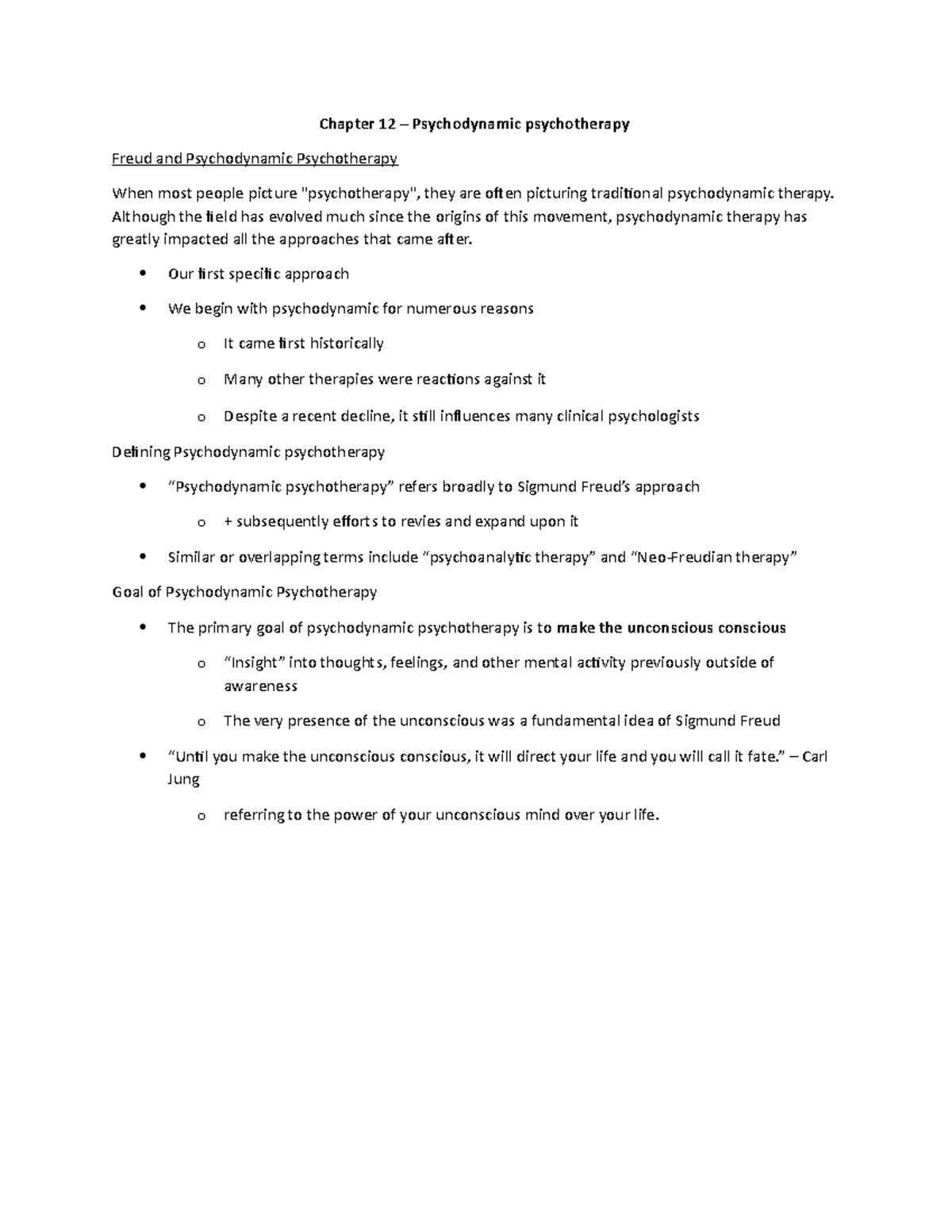 Chapter 12 Lecture Notes - Chapter 12 – Psychodynamic psychotherapy ...