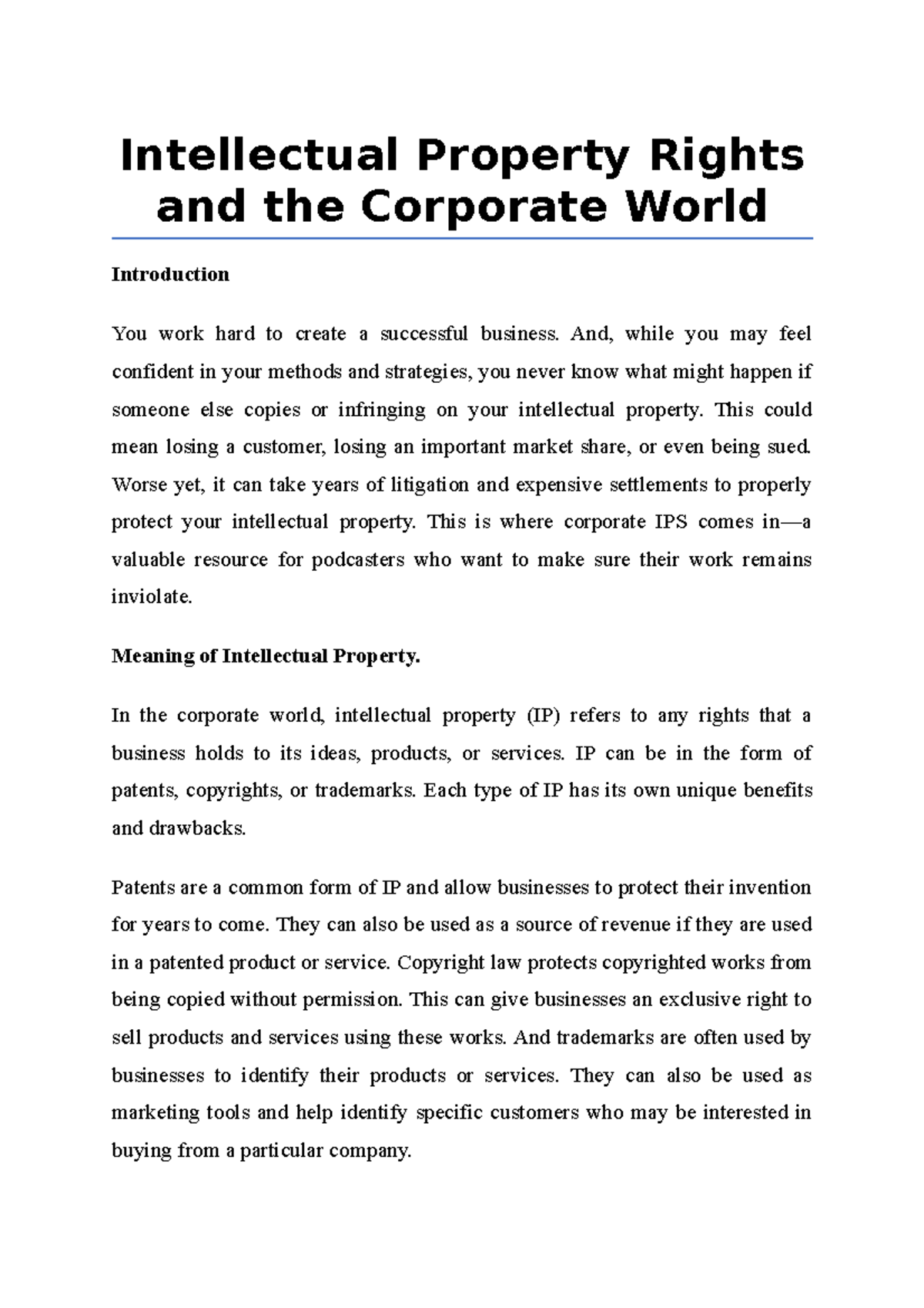Intellectual Property Rights and the Corporate World - Intellectual ...