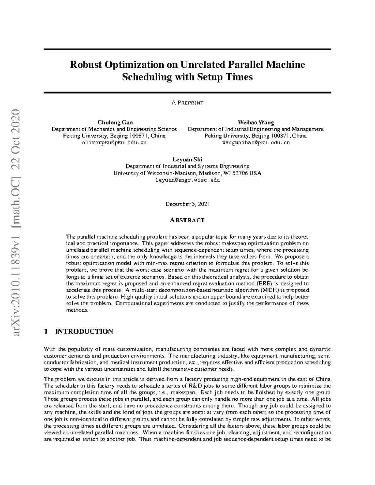 Robust Optimization On Unrelated Parallel Machine Scheduling With Setup Times Edu Weihao Wang