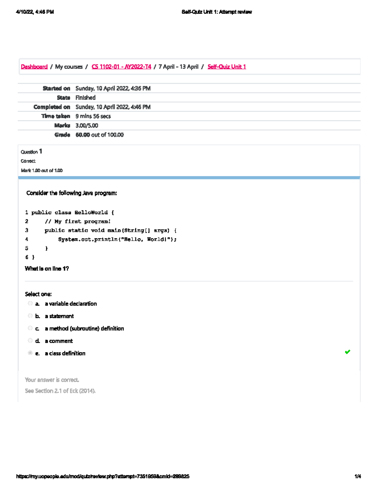 Quiz Unit 1 - Quiz unit 1 porgramming 1 Cs 1102 - CS1102 - Studocu