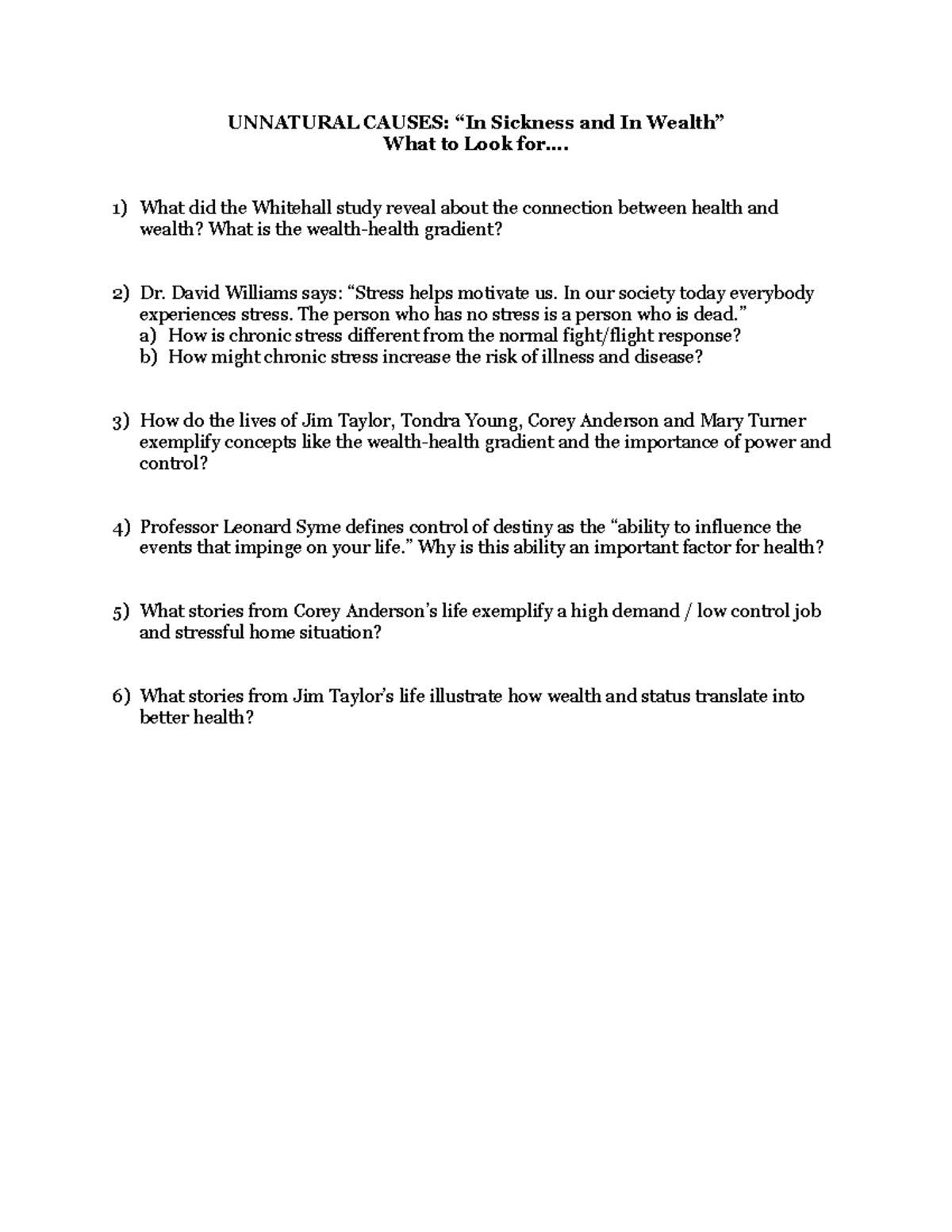 Unat Cause Worksheet Updated - UNNATURAL CAUSES: “In Sickness and In ...