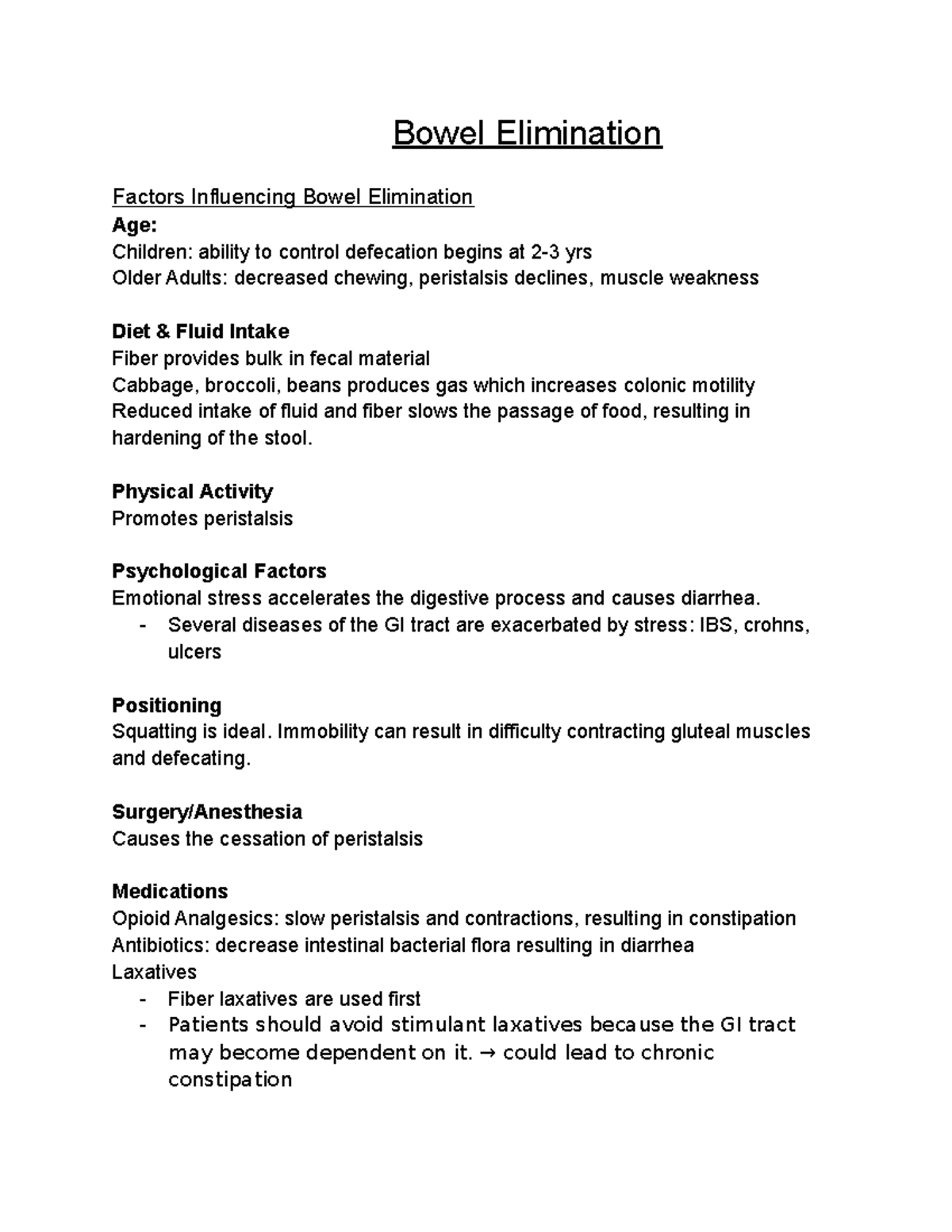 Bowel Elimination Notes - Bowel Elimination Factors Influencing Bowel ...