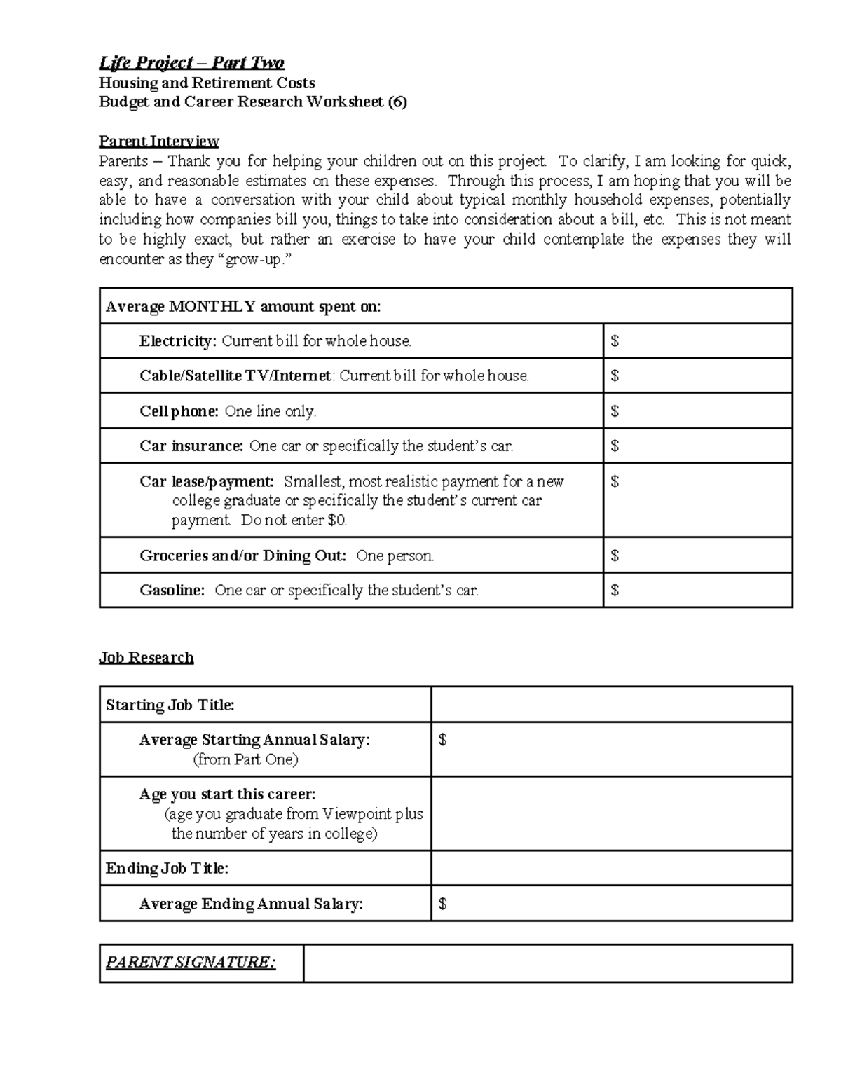Life Project – Worksheet 6 - Life Project – Part Two Housing and ...