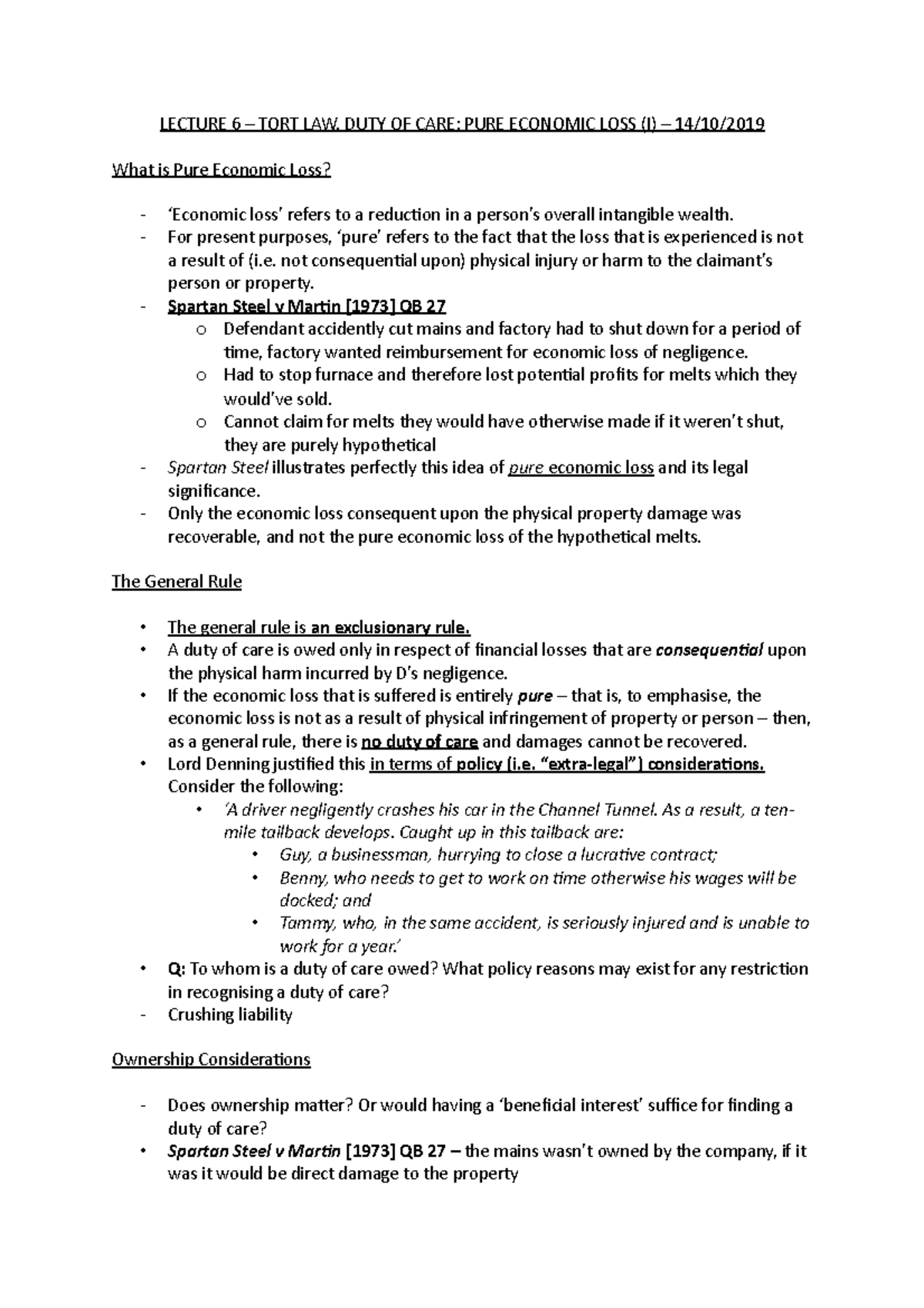 Tort - Pure Economic Loss - LECTURE 6 – TORT LAW, DUTY OF CARE: PURE ...