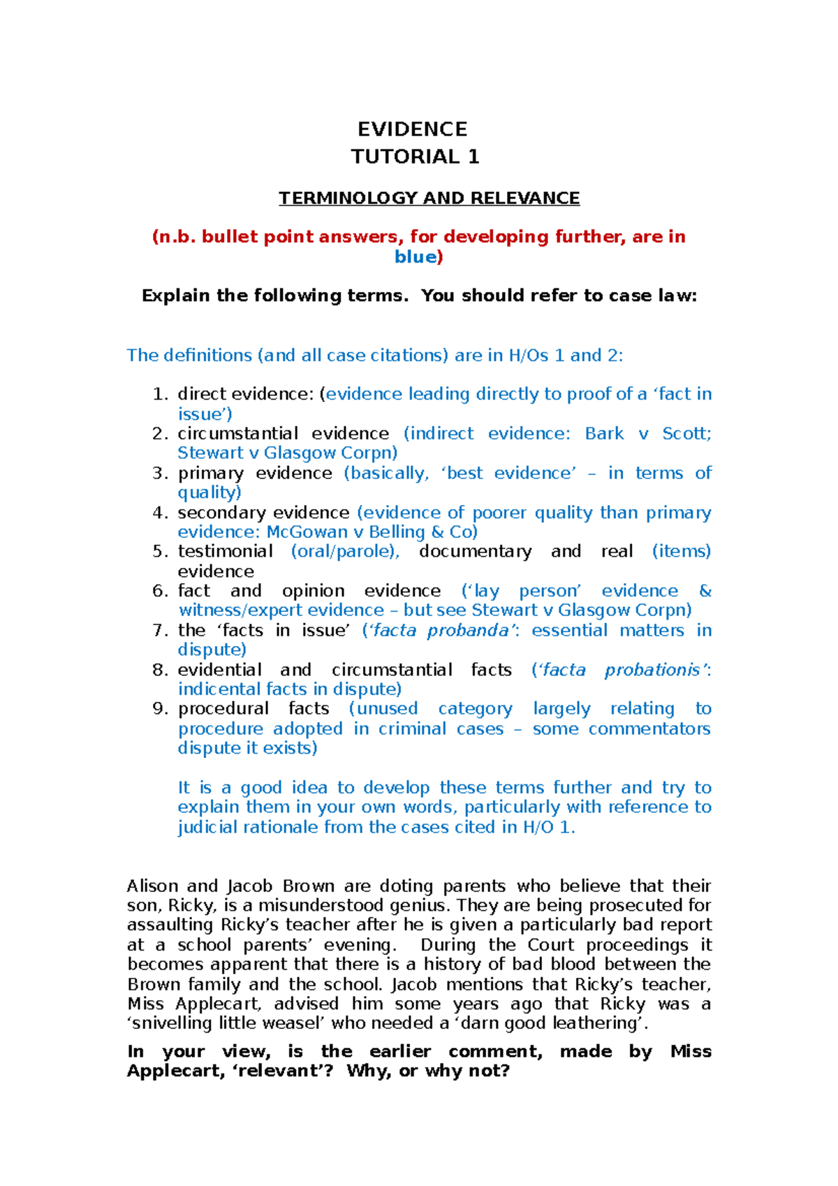 Evidence Tutorial 1 - EVIDENCE TUTORIAL 1 TERMINOLOGY AND RELEVANCE (n ...