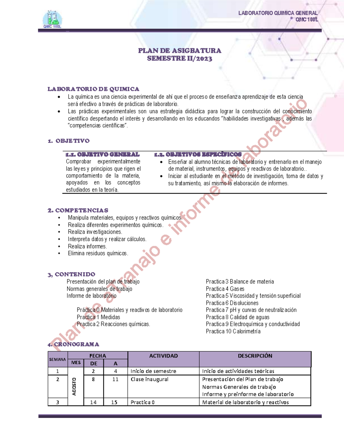 Plan de trabajo QMC 100L 2 2023 - QMC 100L PLAN DE ASIGBATURA SEMESTRE ...