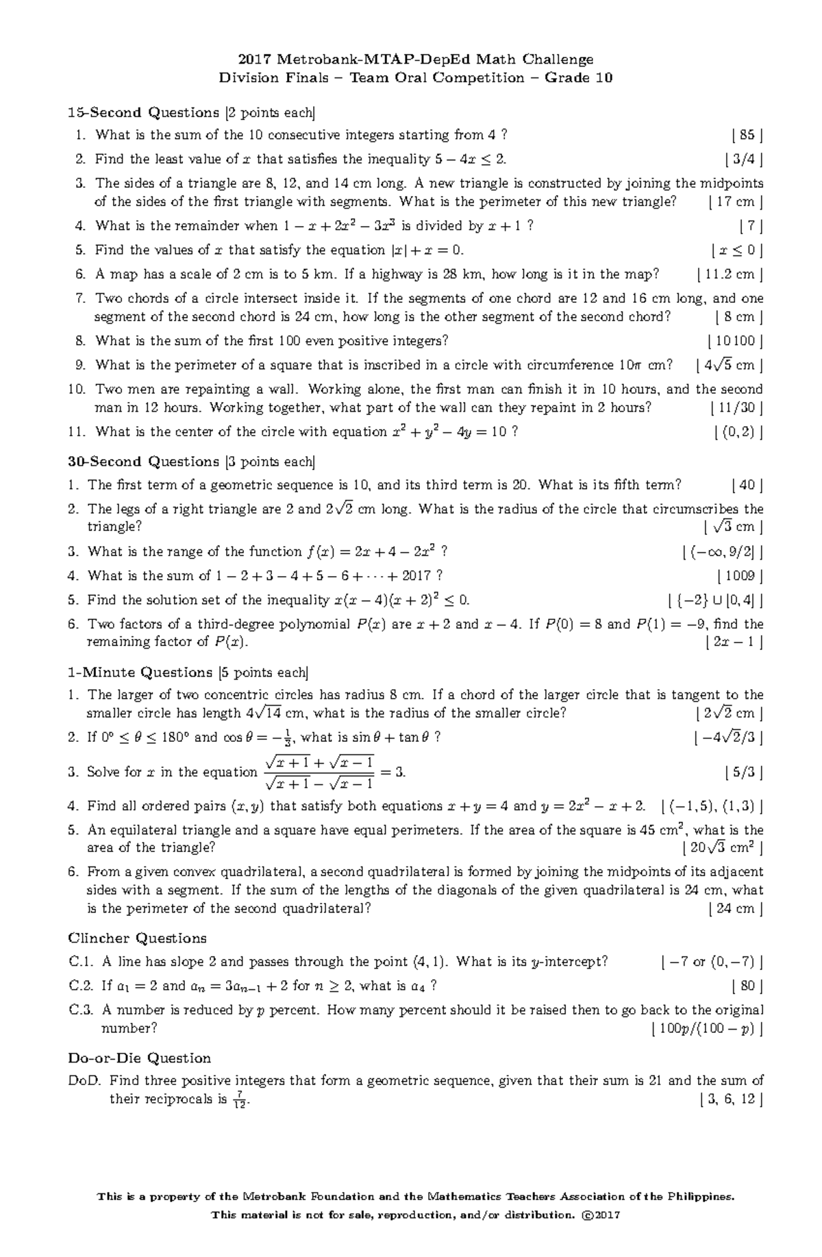 Toaz - 2017 Metrobank-MTAP-DepEd Math Challenge Division Finals – Team ...