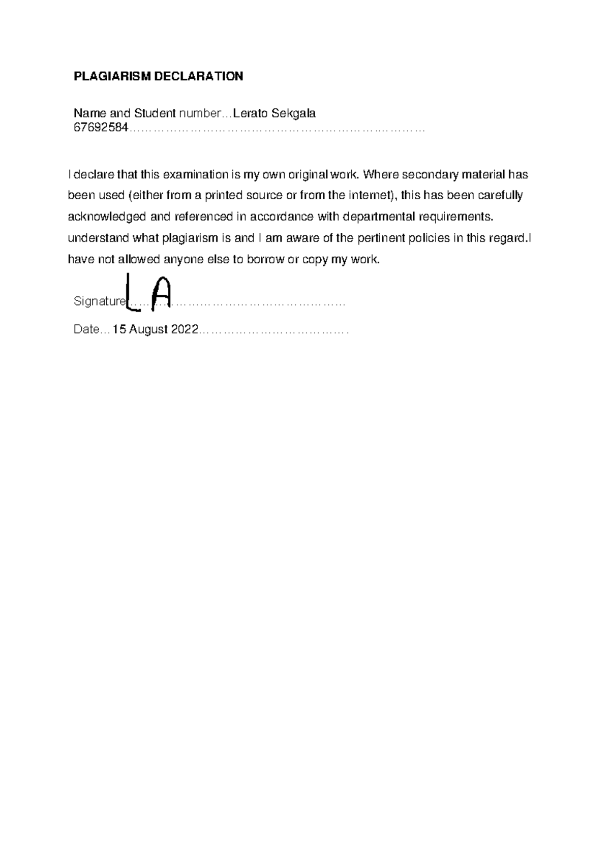 ENN1504 Assignment 02 - PLAGIARISM DECLARATION Name and Student number ...