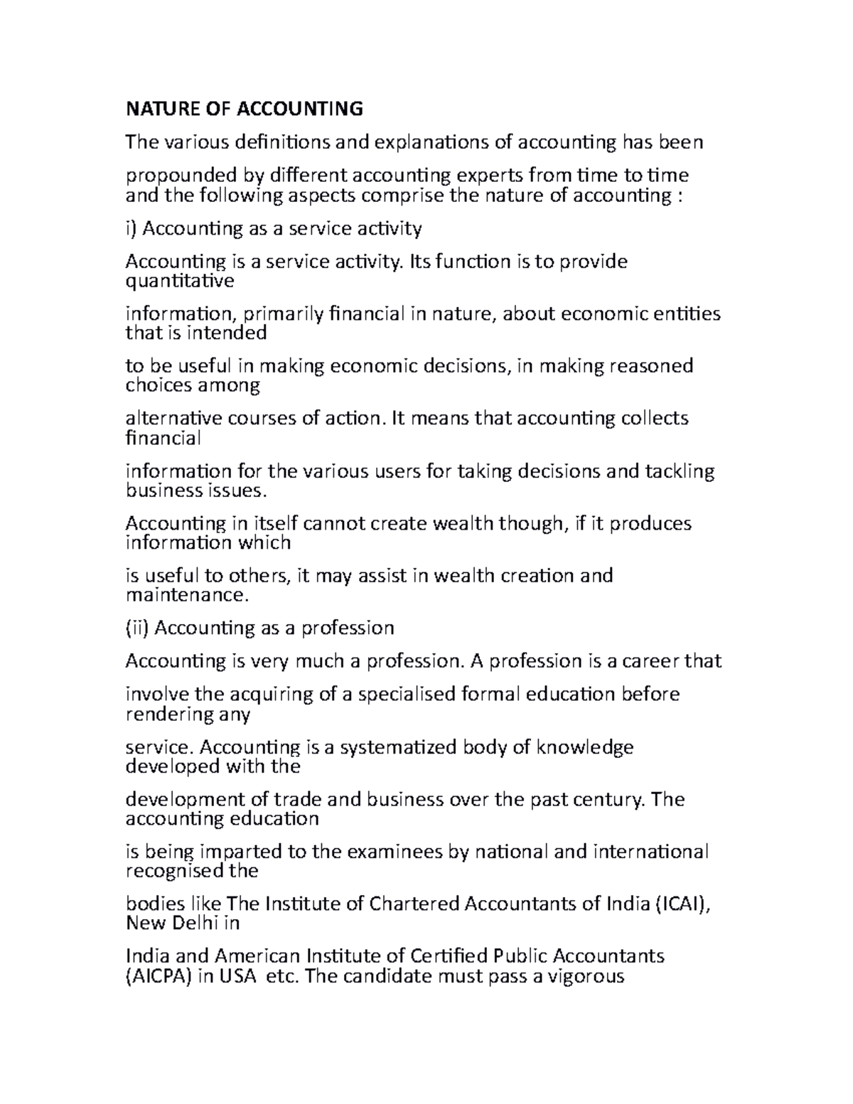 Nature OF Accounting notes - NATURE OF ACCOUNTING The various ...