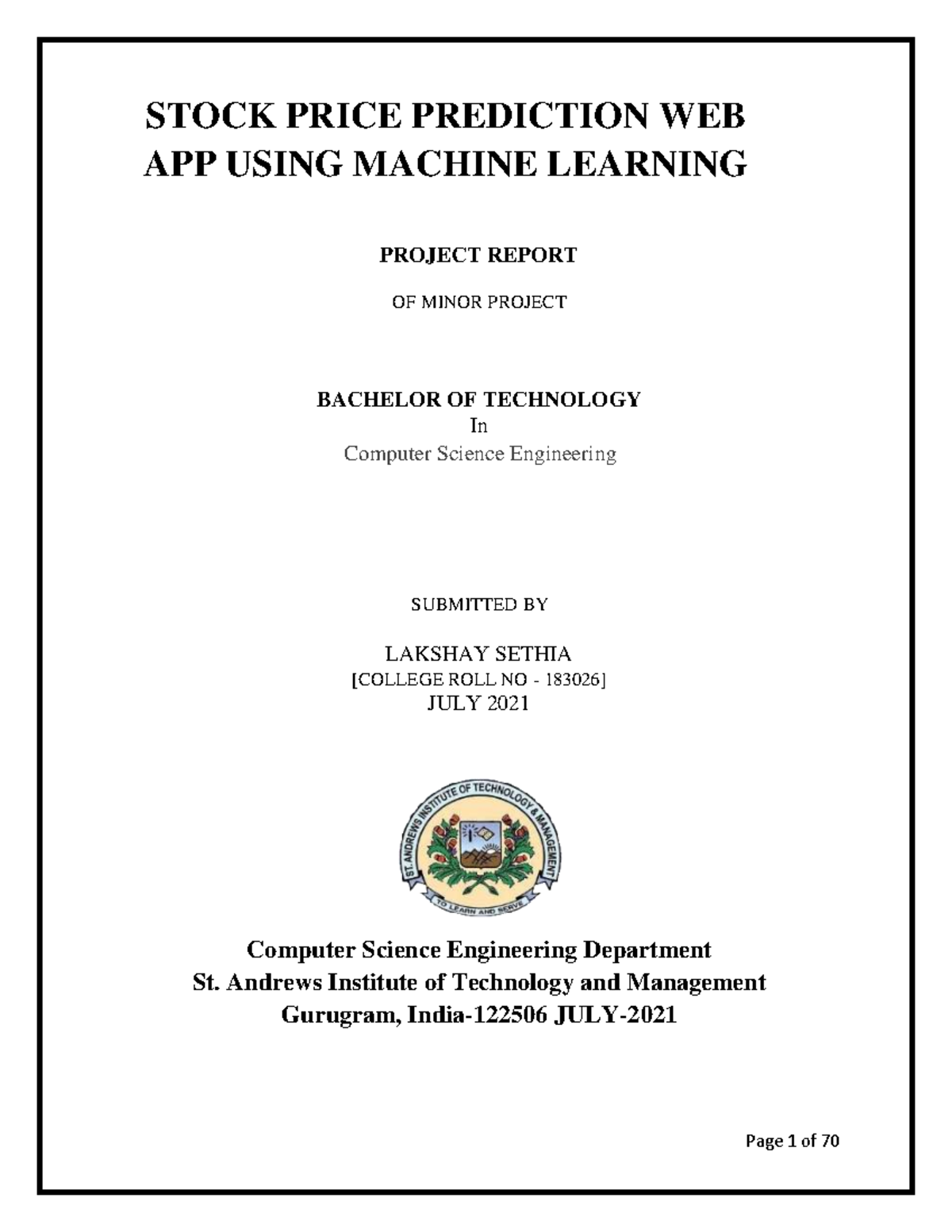 Lakshay Sethia 183026 Stock Market Analysis Minor Project - STOCK PRICE ...