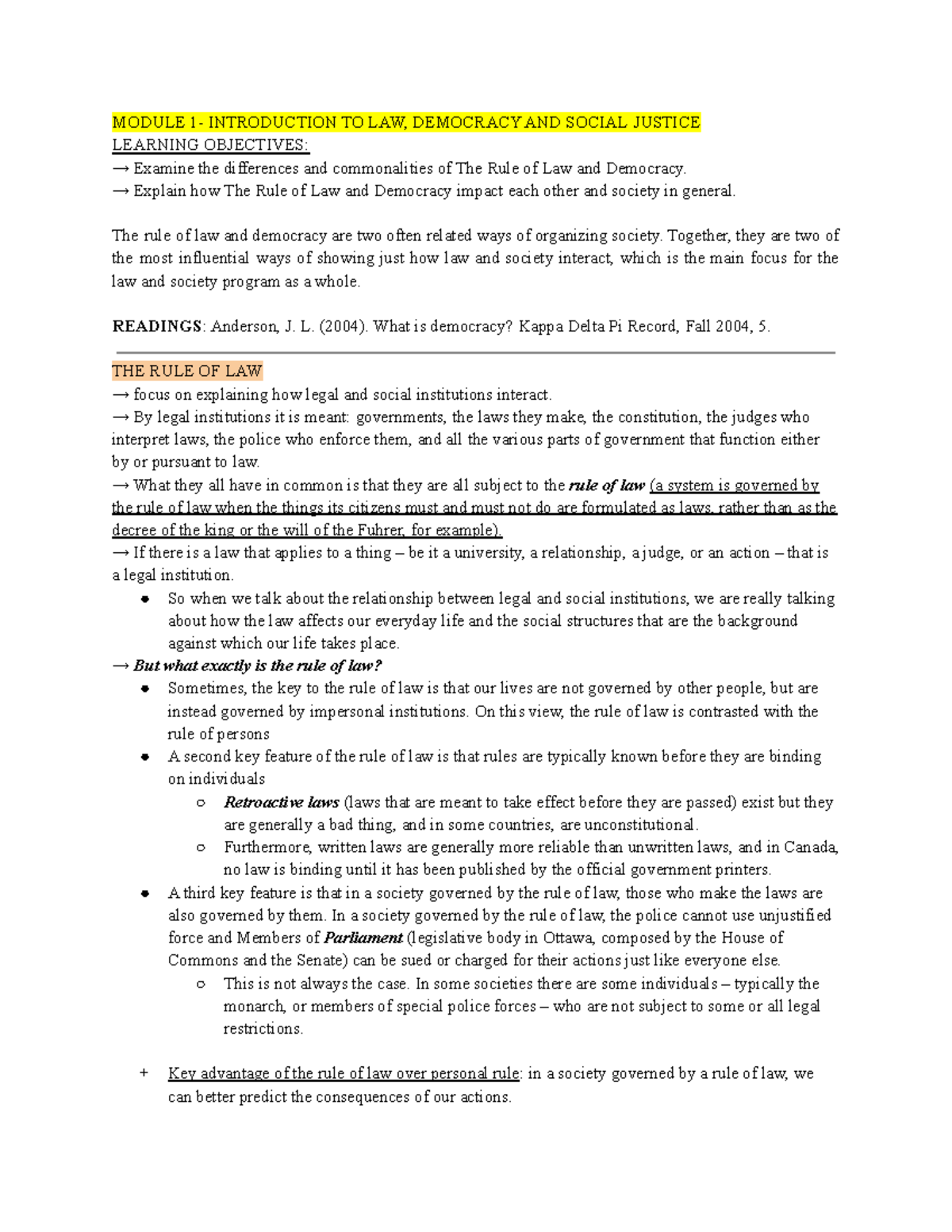Module 1- Introduction TO LAW, Democracy AND Social Justice - MODULE 1 ...