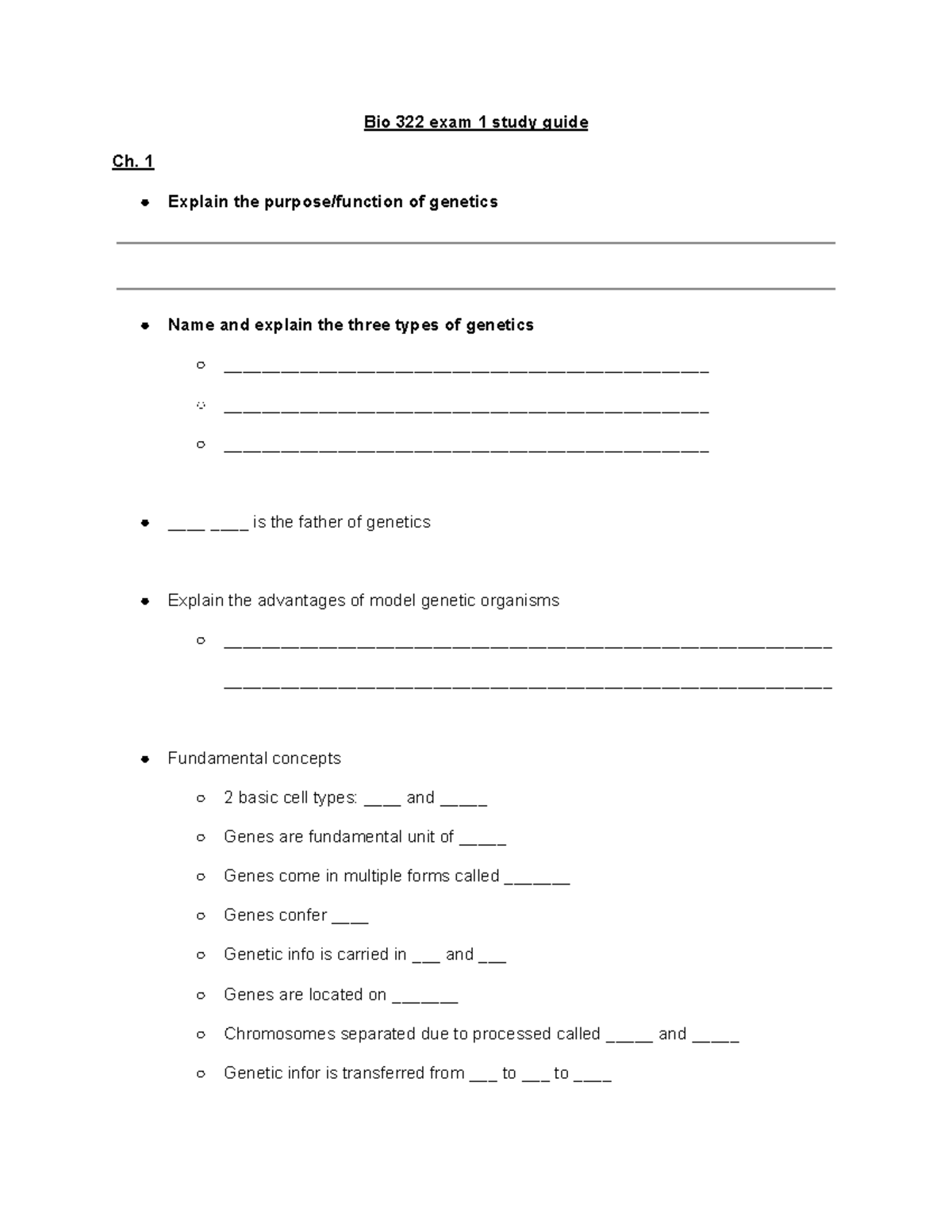 Bio 322 exam 1 study guide - Bio 322 exam 1 study guide Ch. 1 Explain ...
