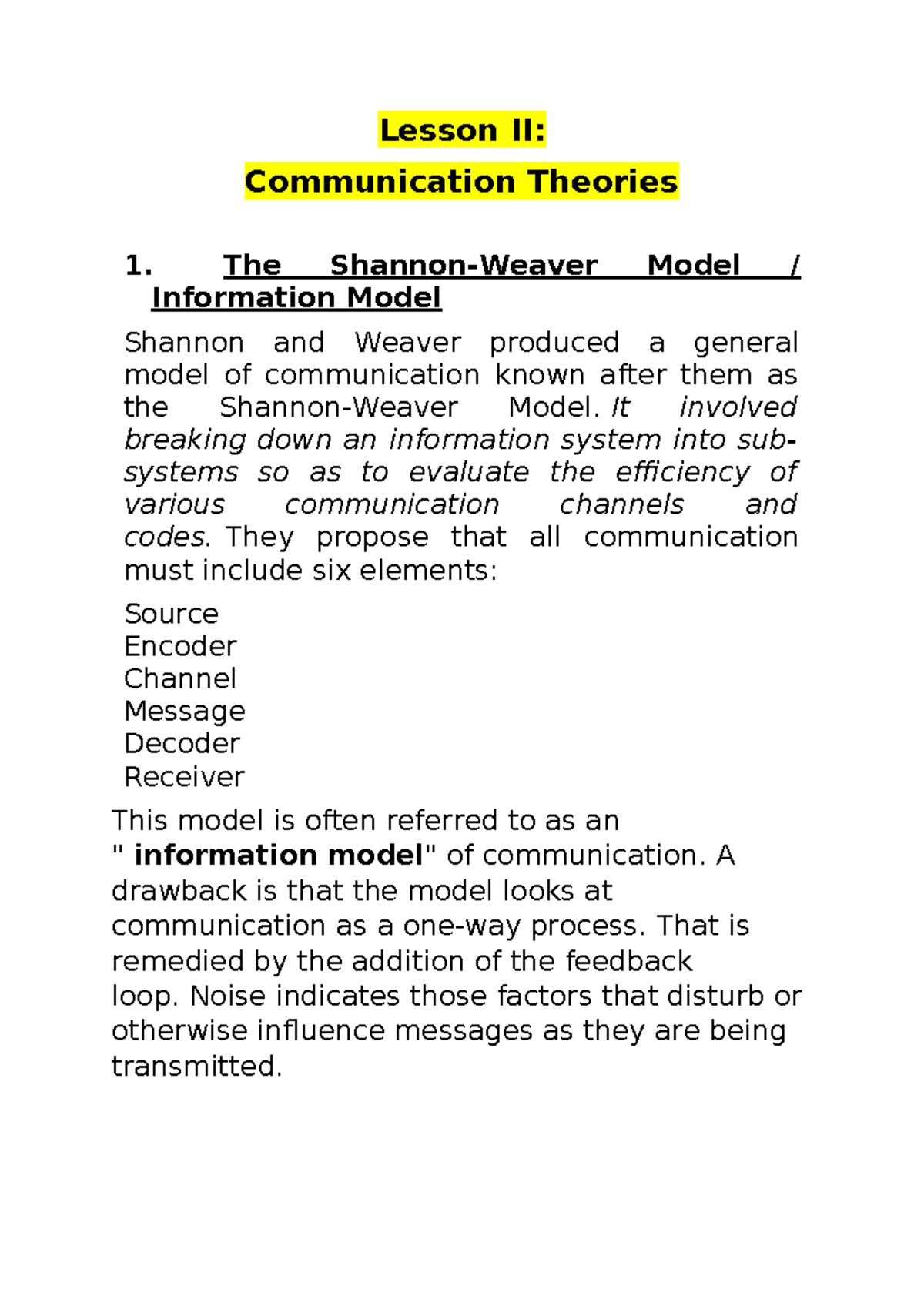 Lesson II - Communication Theories - Lesson II: Communication Theories ...