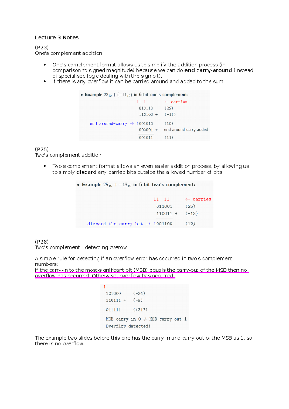 Lecture 3 Notes - Lecture 3 Notes (P) One's complement addition One's ...