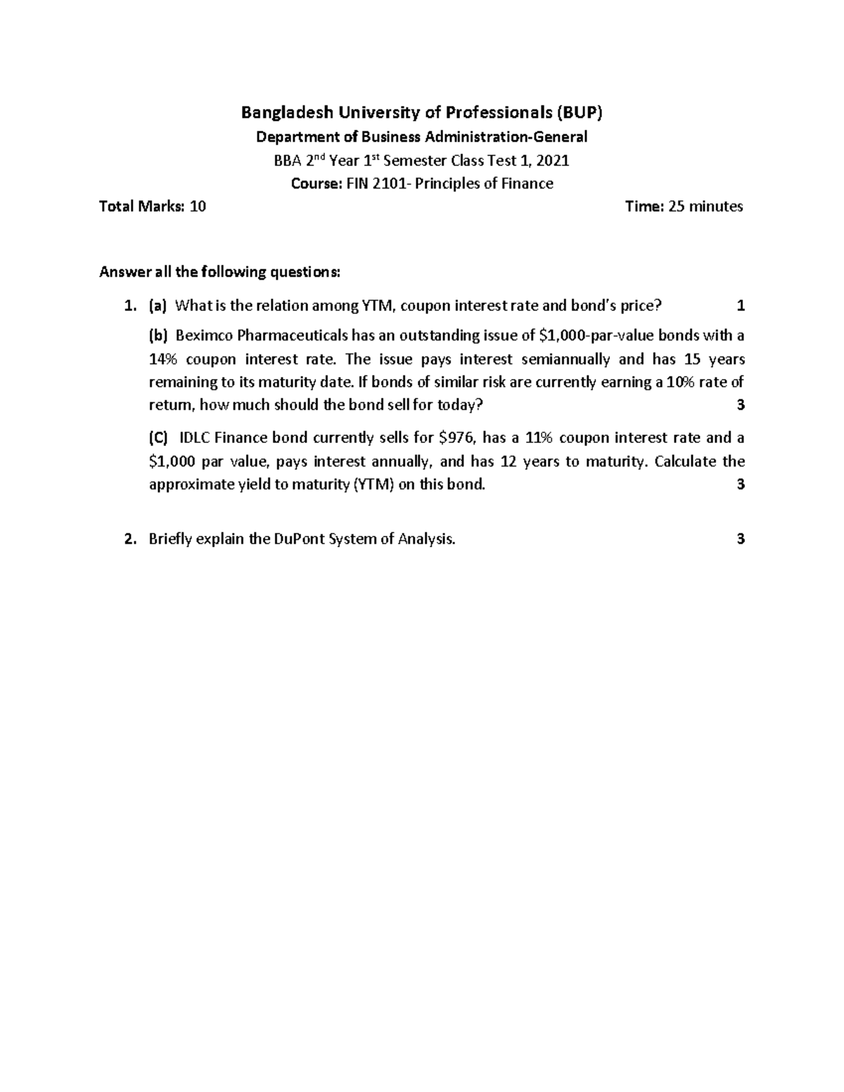 Class Test 1 Question - Lecture notes 5 - Bangladesh University of ...