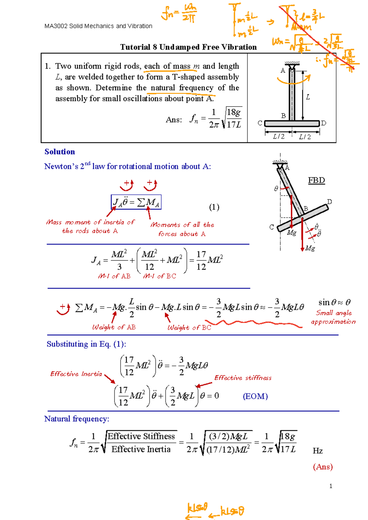 Solution to Tutorial Problems Tutorial 8 - MA3002 Solid Mechanics and Vibration 1 Tutorial 8 ...
