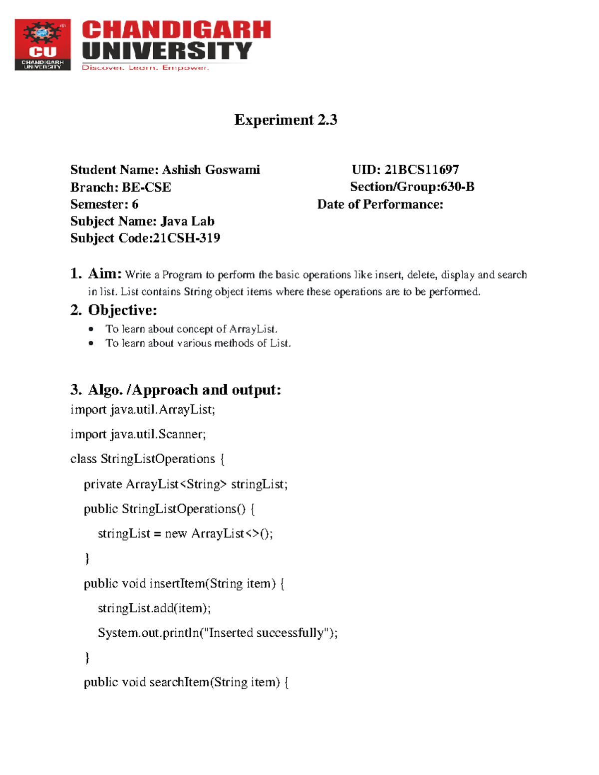 Final java 2.3 Alasso - Workseet - Experiment 2. 3 Branch: BE-CSE Semester: 6 Subject Name: Java ...
