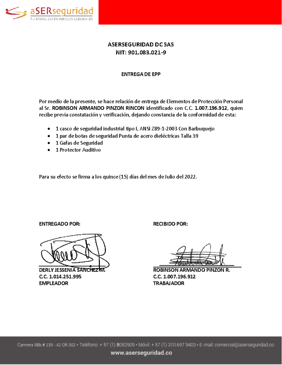 Entrega DE EPP´S - ASERSEGURIDAD DC SAS NIT: 901.083- ENTREGA DE EPP ...