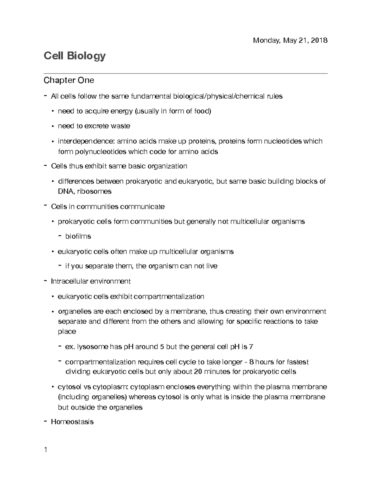Cell bio ch 1 summary - Monday, May 21, 2018 Cell Biology Chapter One ...