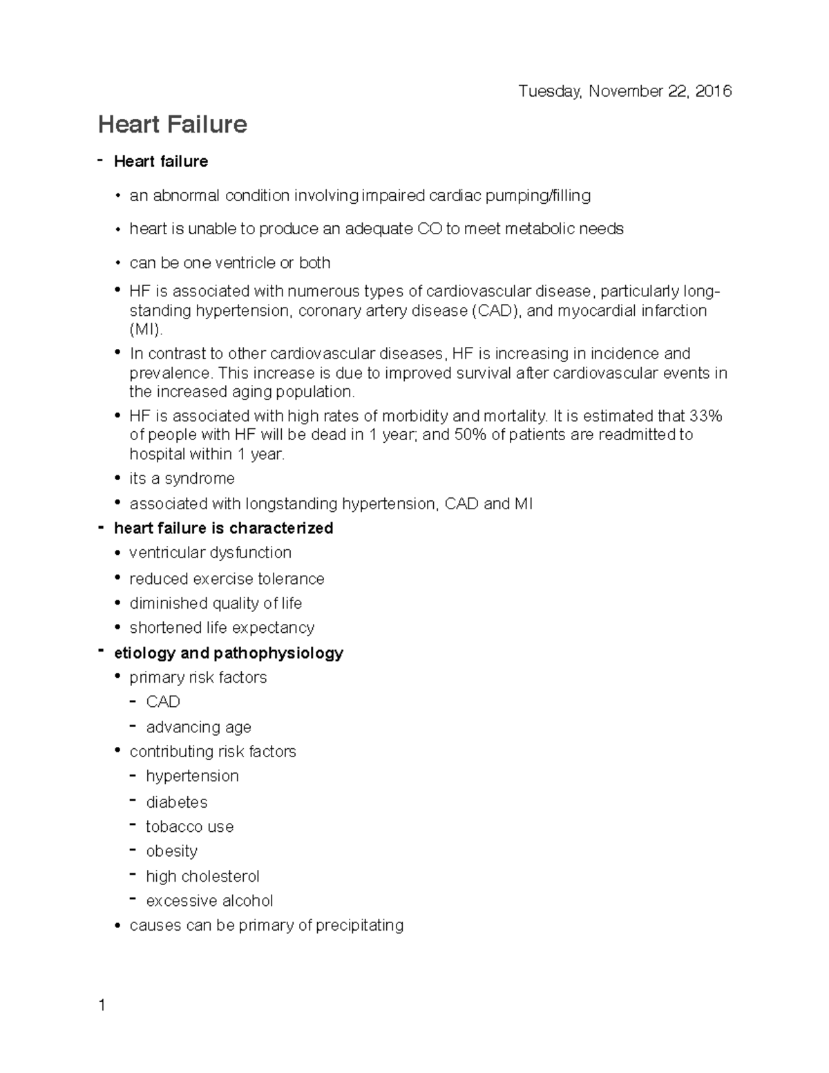 Heart Failure notes - Dr. Rickeard - Tuesday, November 22, 2016 Heart ...