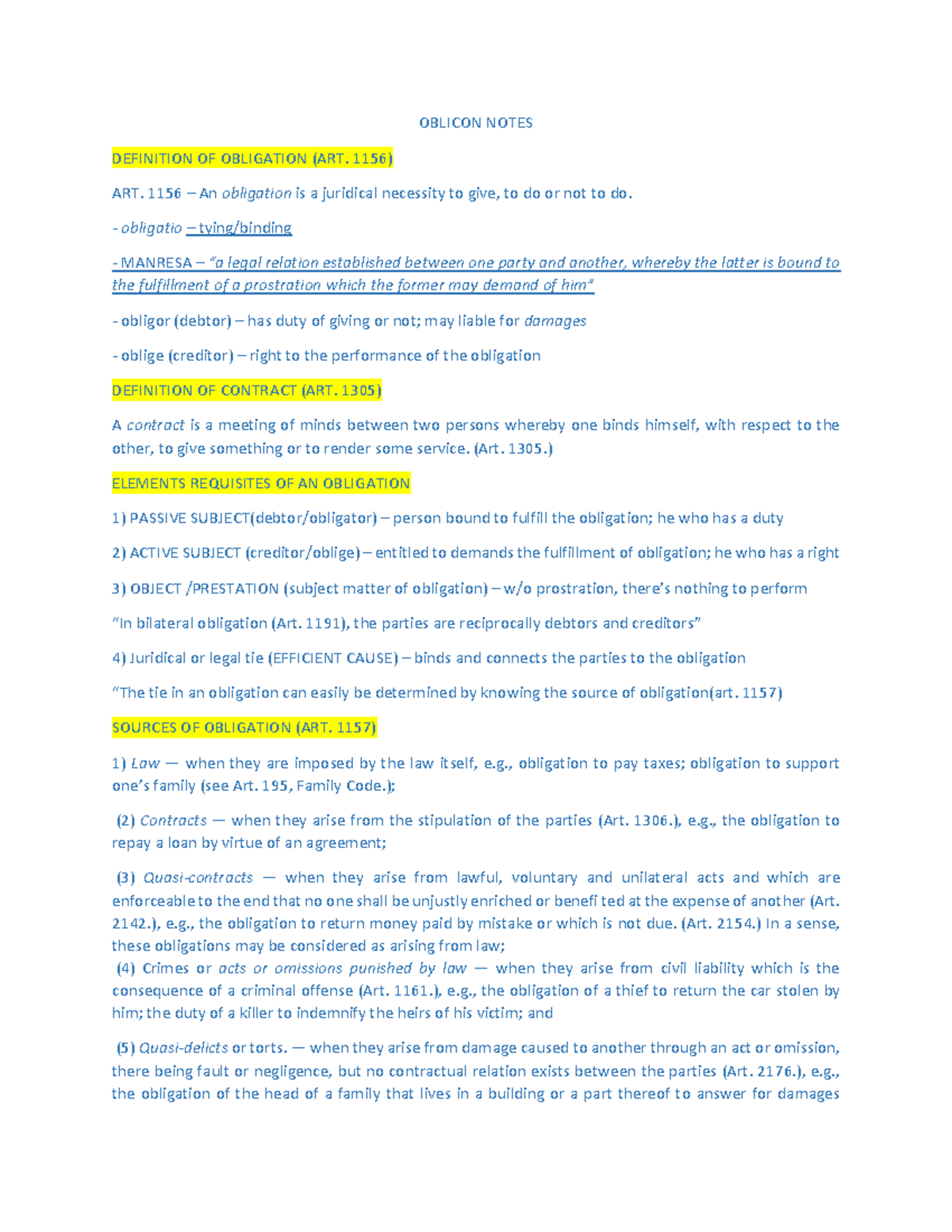 Oblicon Notes - OBLICON NOTES DEFINITION OF OBLIGATION (ART. 1156) ART ...