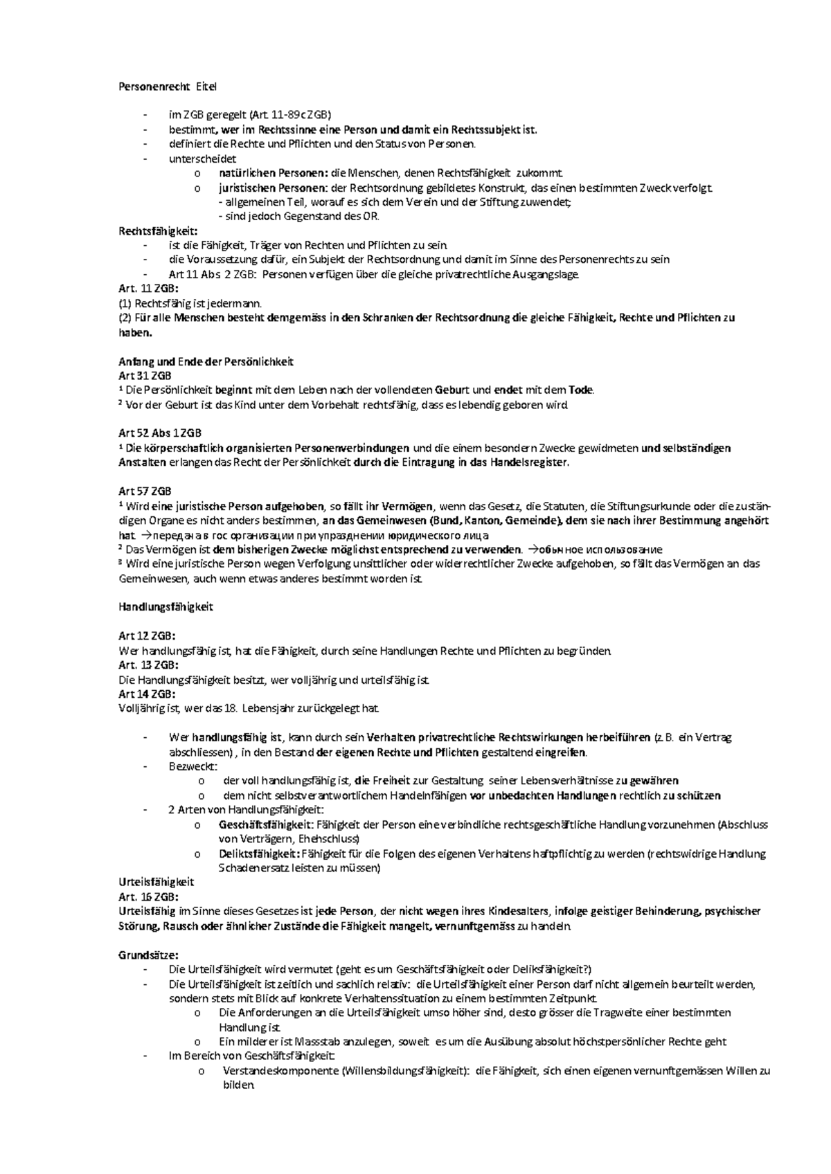 Personenrecht Eitel - Zusammenfassung Einführung in die ...