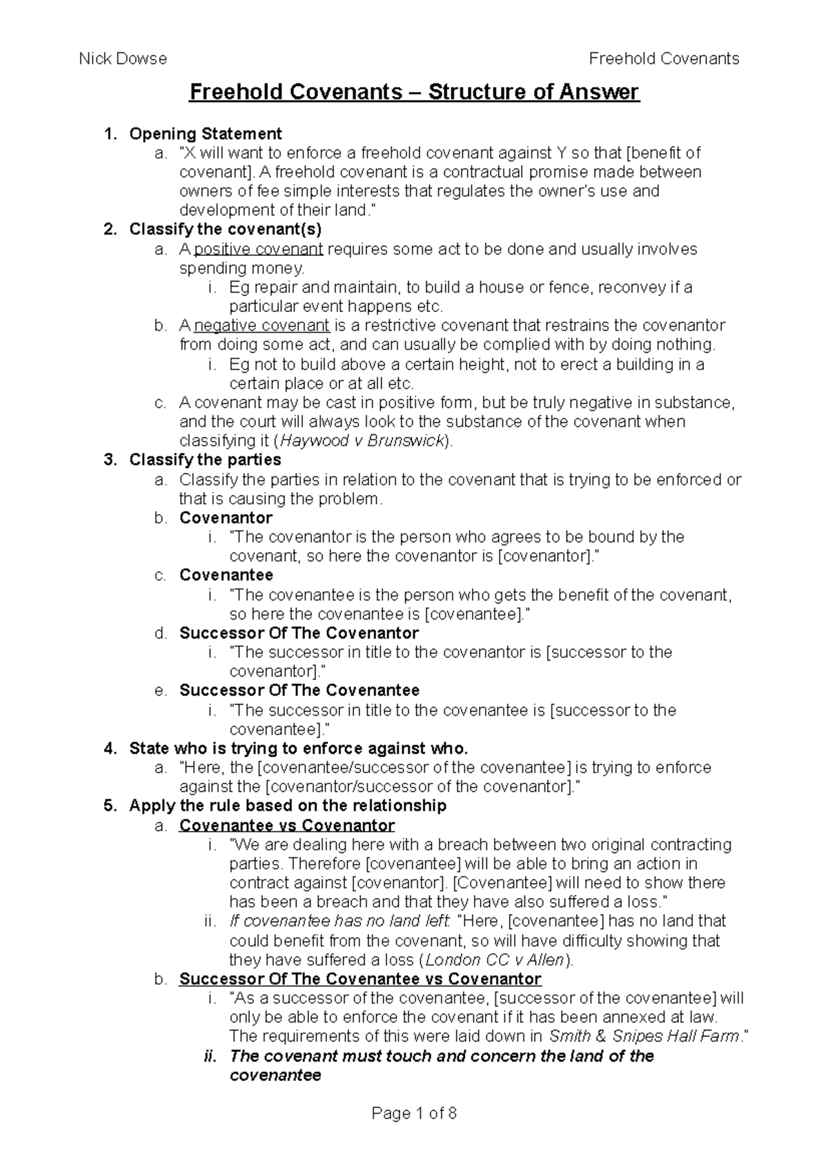 Freehold Covenants property law - Freehold Covenants – Structure of ...