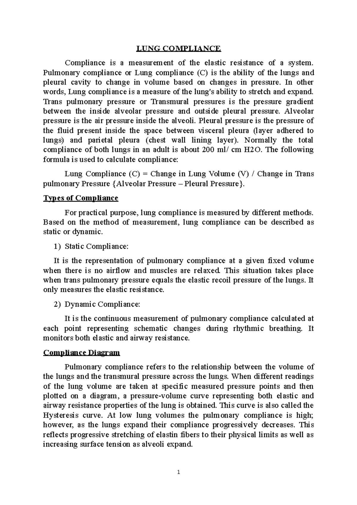 LUNG Compliance - LUNG COMPLIANCE Compliance is a measurement of the ...