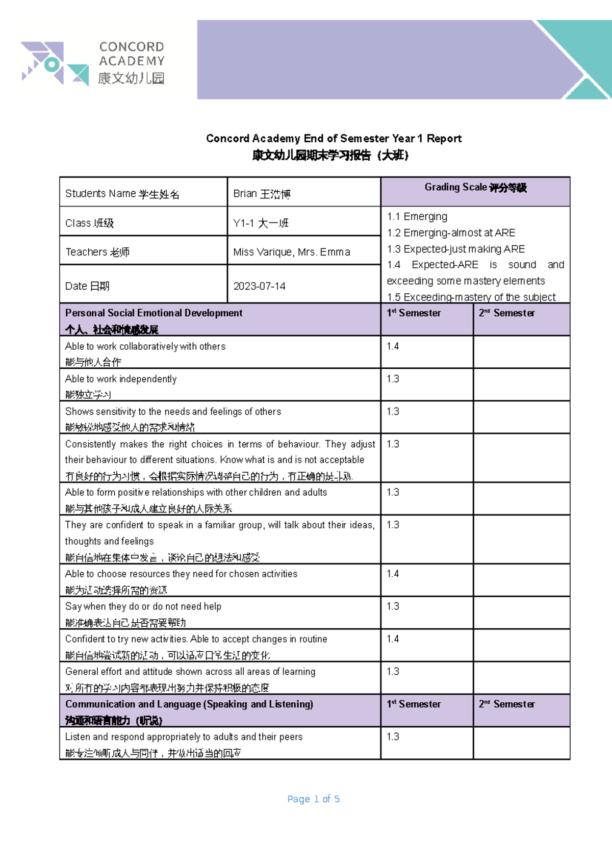 Brian Student Report Y1 - jan 2023 - Concord Academy End of Semester ...