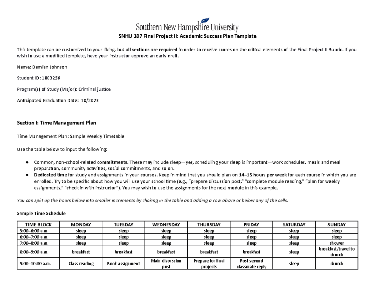SNHU 107 Final Project II Academic Success Plan Template - If you wish ...