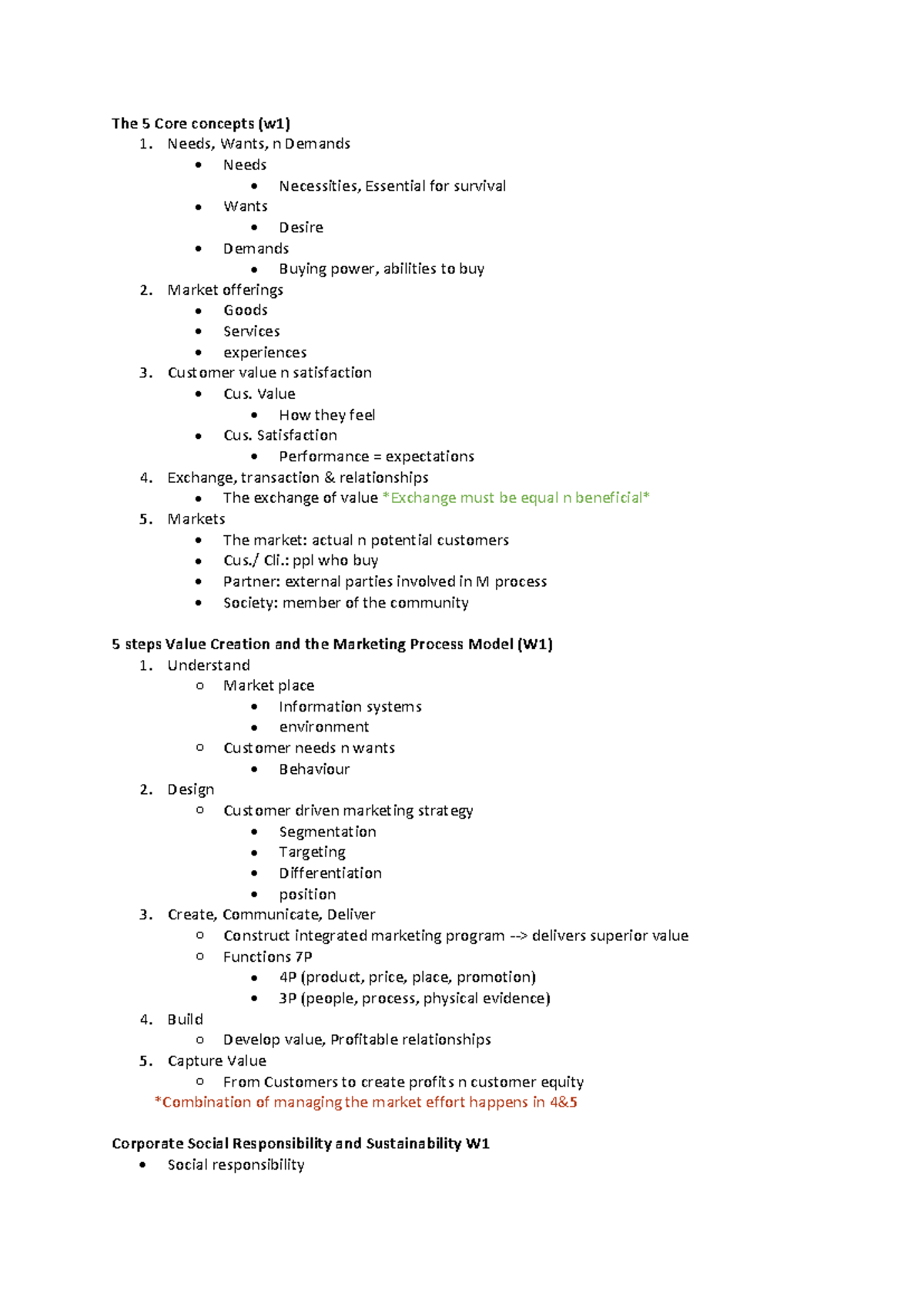 Marketing Midterm - The 5 Core concepts (w1) 1. Needs, Wants, n Demands ...