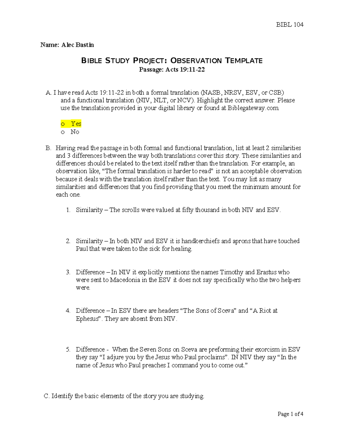 Bible Study Project Observation Template - Name: Alec Bastin BIBLE ...