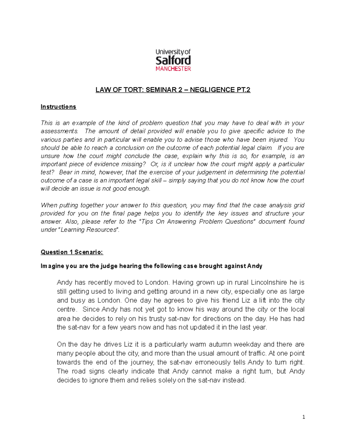 Seminar 2 - Negligence Pt.2 Questions(1415) - LAW OF TORT: SEMINAR 2 ...