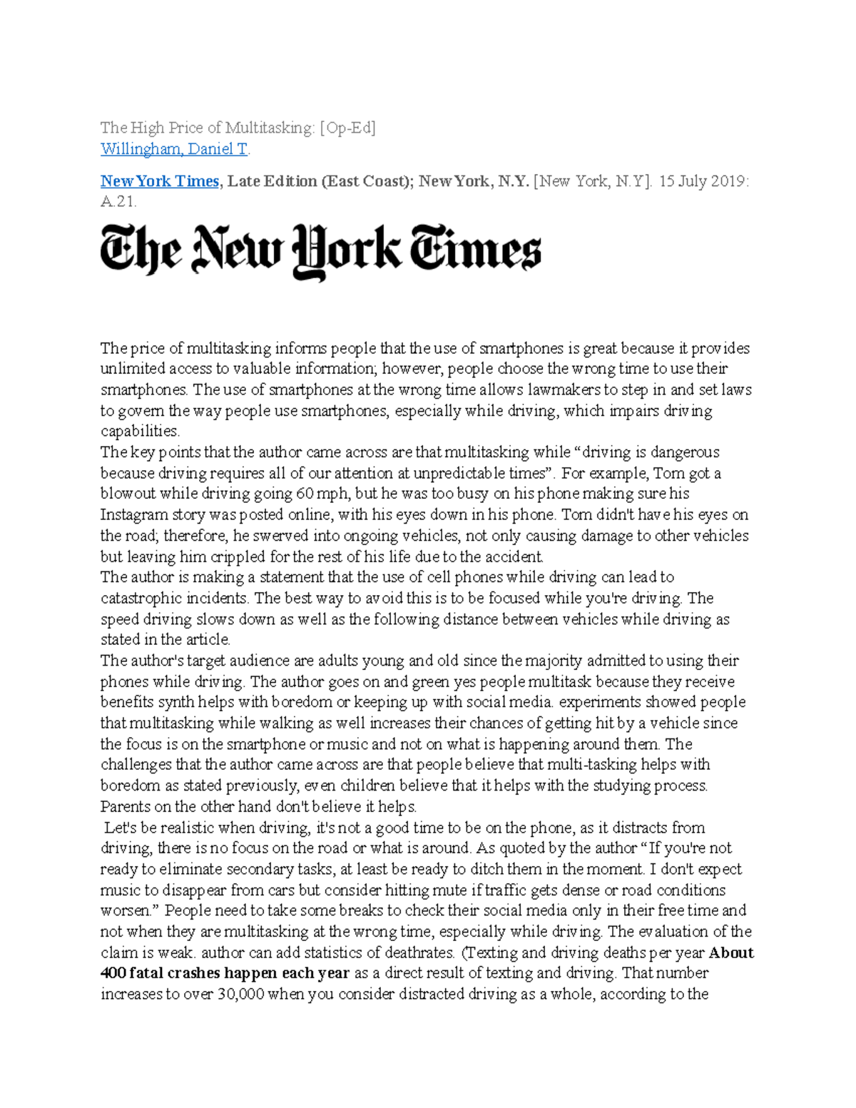 English 1 module 3 - The High Price of Multitasking: [Op-Ed] Willingham ...