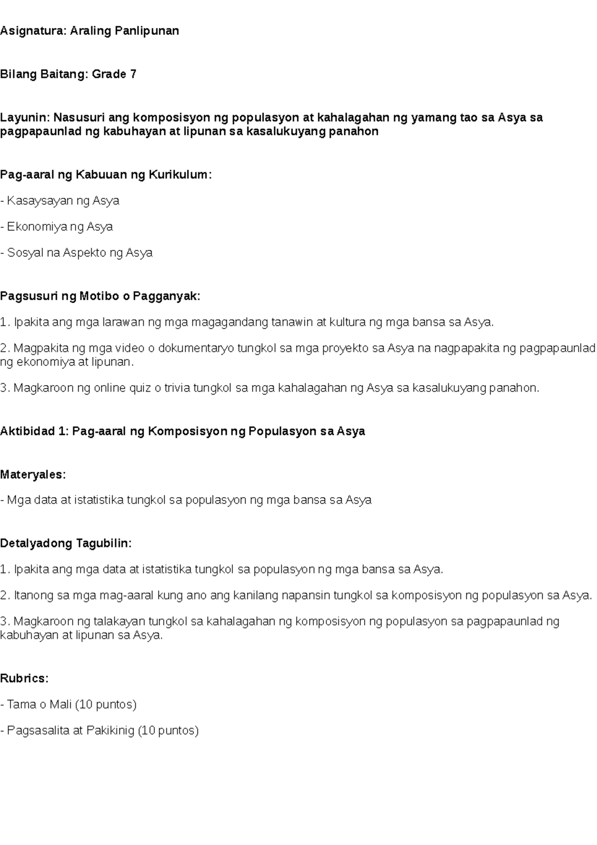 Lesson plan - Asignatura: Araling Panlipunan Bilang Baitang: Grade 7 ...