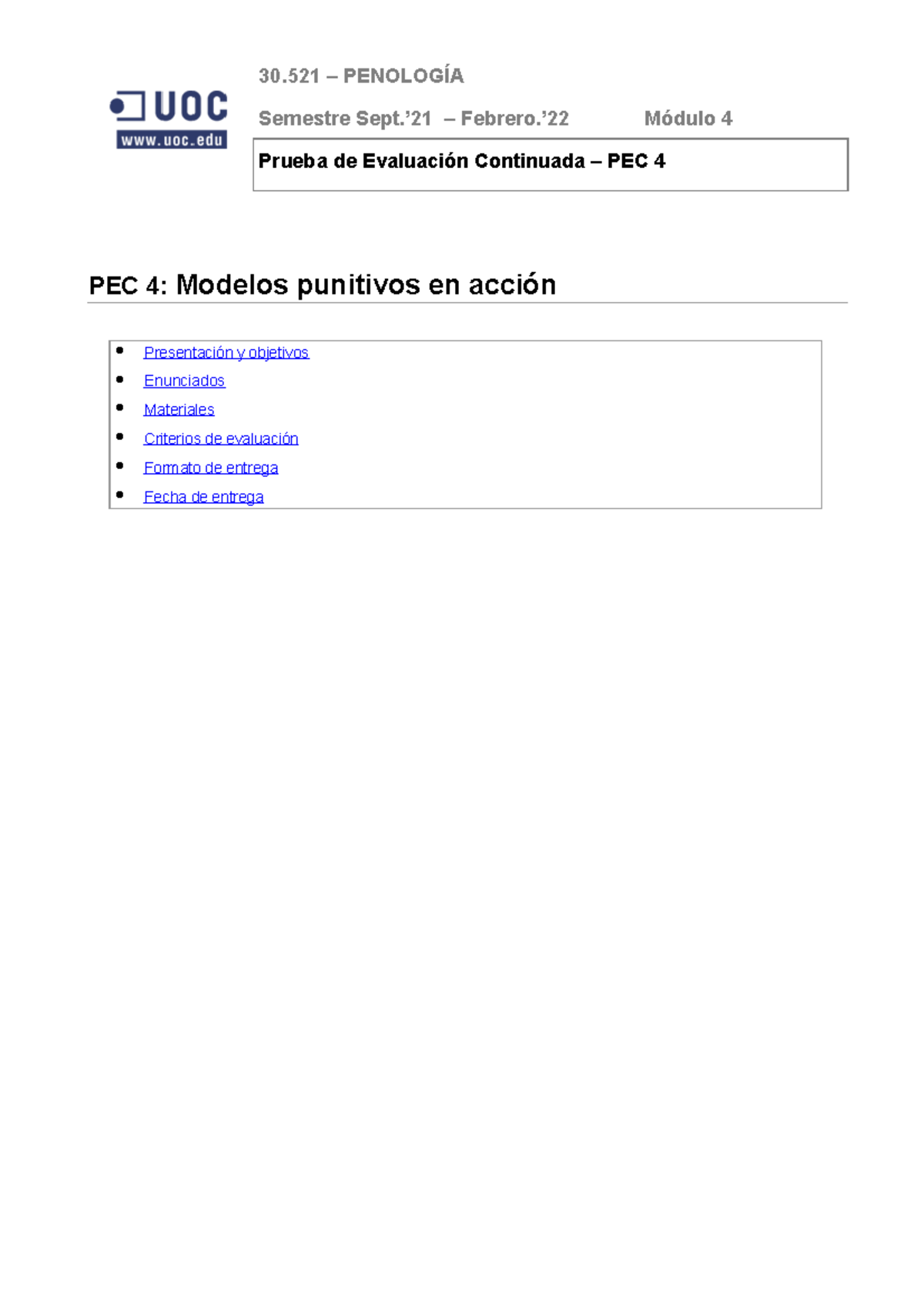PEC 4 - Pec 4 de Penología PEC 4: Modelos punitivos en acción - 30 – PENOLOGÍA Semestre Sept.’21 ...
