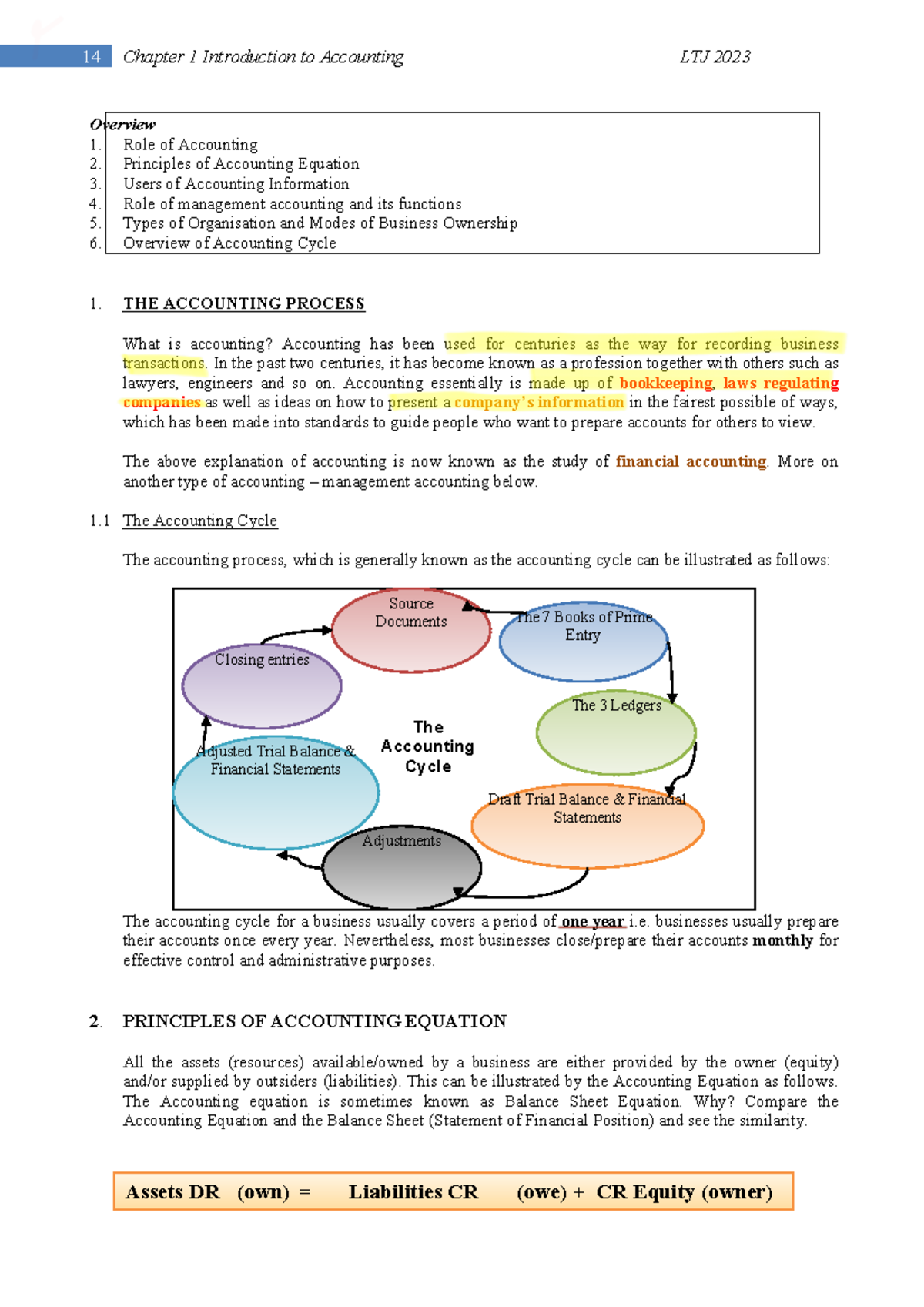 Chpt 1 - ..... - Overview 1. Role of Accounting 2. Principles of ...