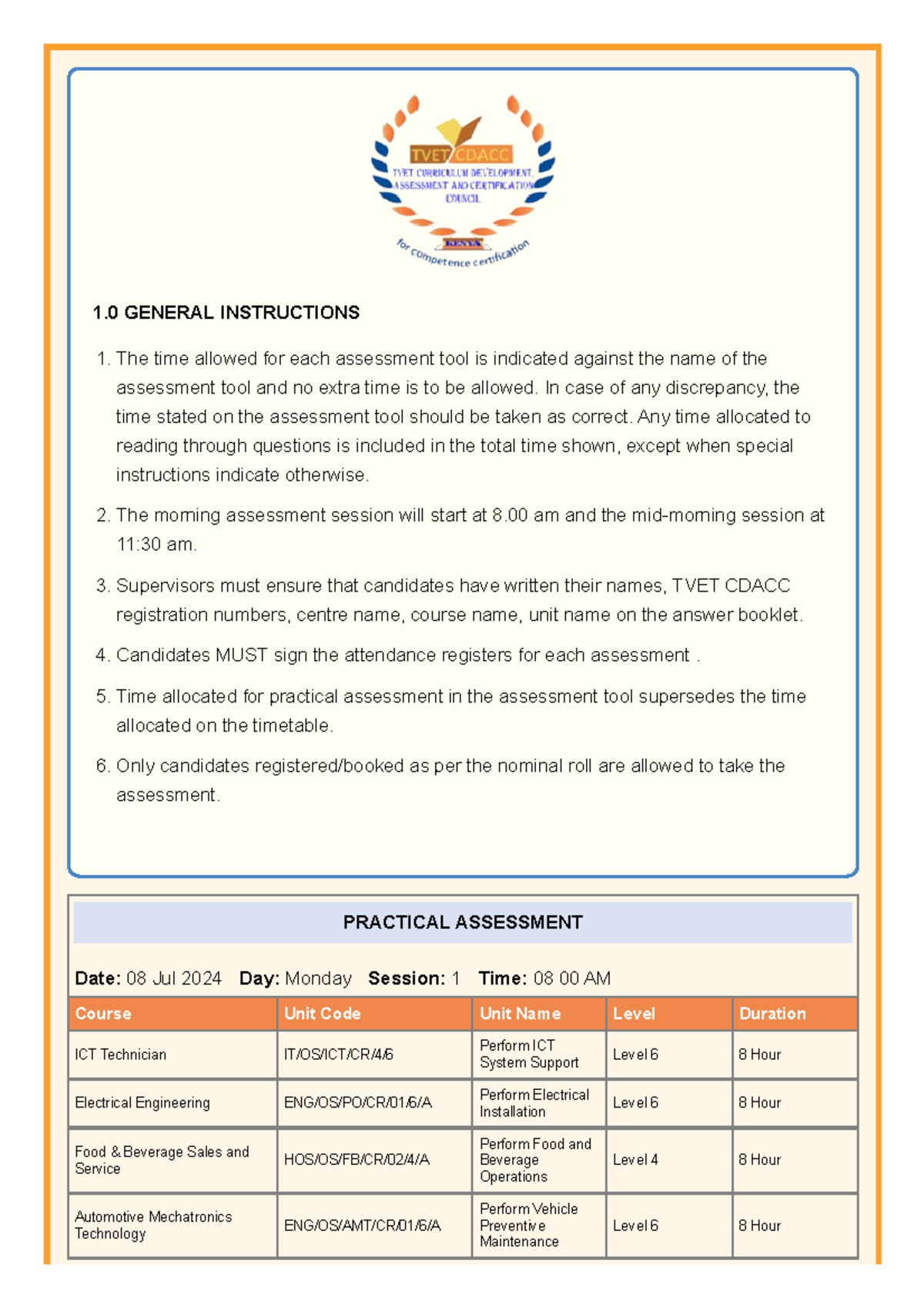 July-August 2024 TVET Cdacc Exam time table - 1 GENERAL INSTRUCTIONS 1 ...