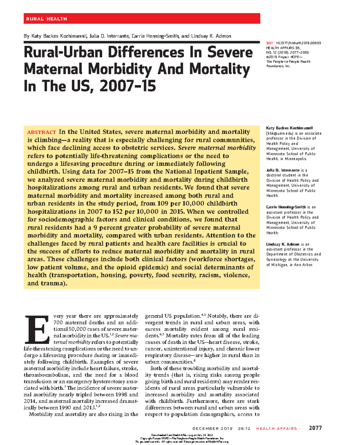 Rural-Urban Differences In Severe - By Katy Backes Kozhimannil, Julia D ...