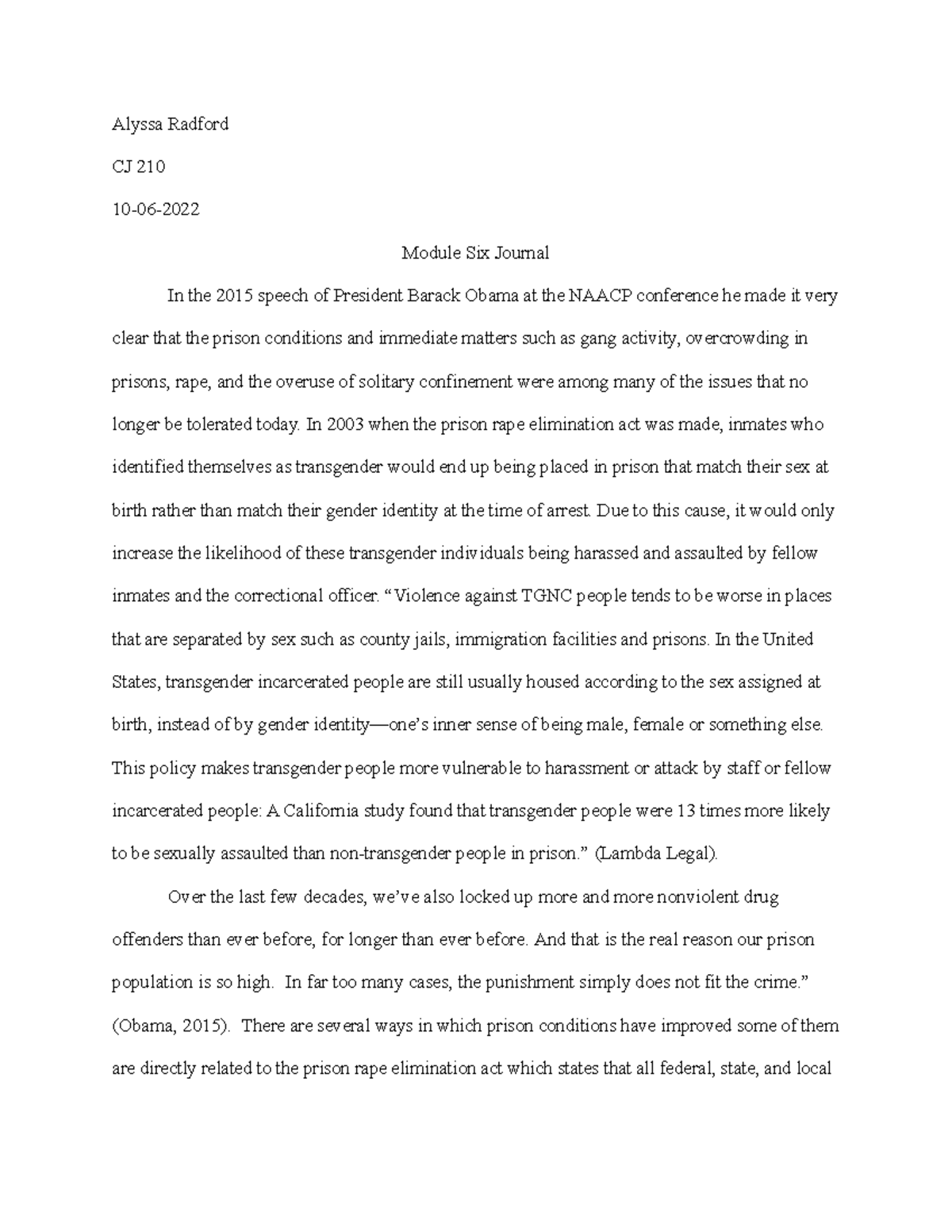CJ 210 6 Journal - Alyssa Radford CJ 210 10-06- Module Six Journal In ...