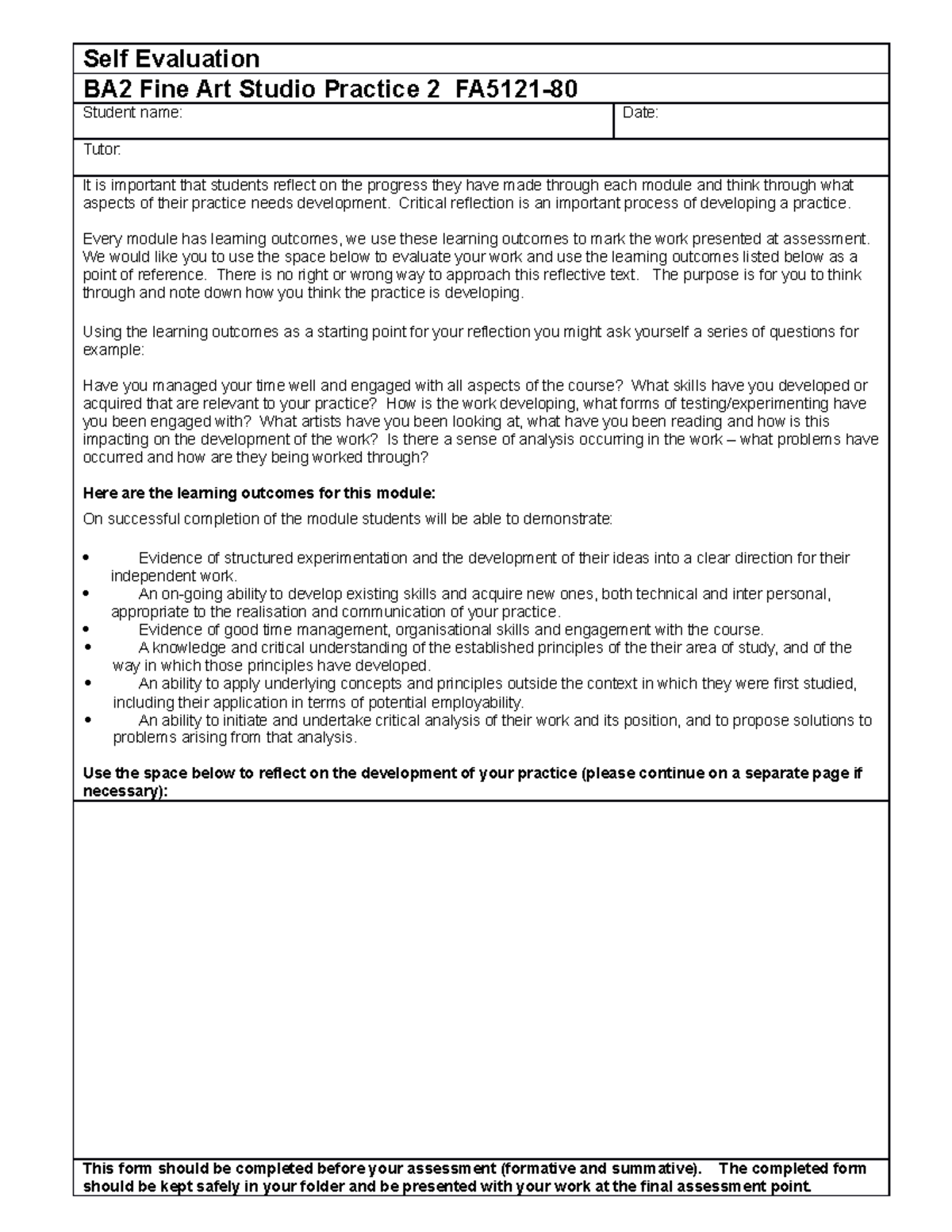 Self Evaluation Form Studio 2 - Self Evaluation BA2 Fine Art Studio ...