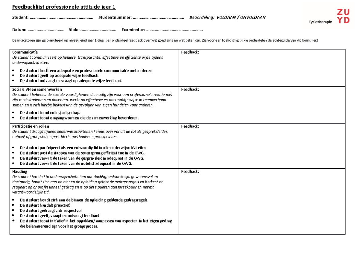 2019 0701 Criterialijst PA jaar 1 - Feedbacklijst professionele ...