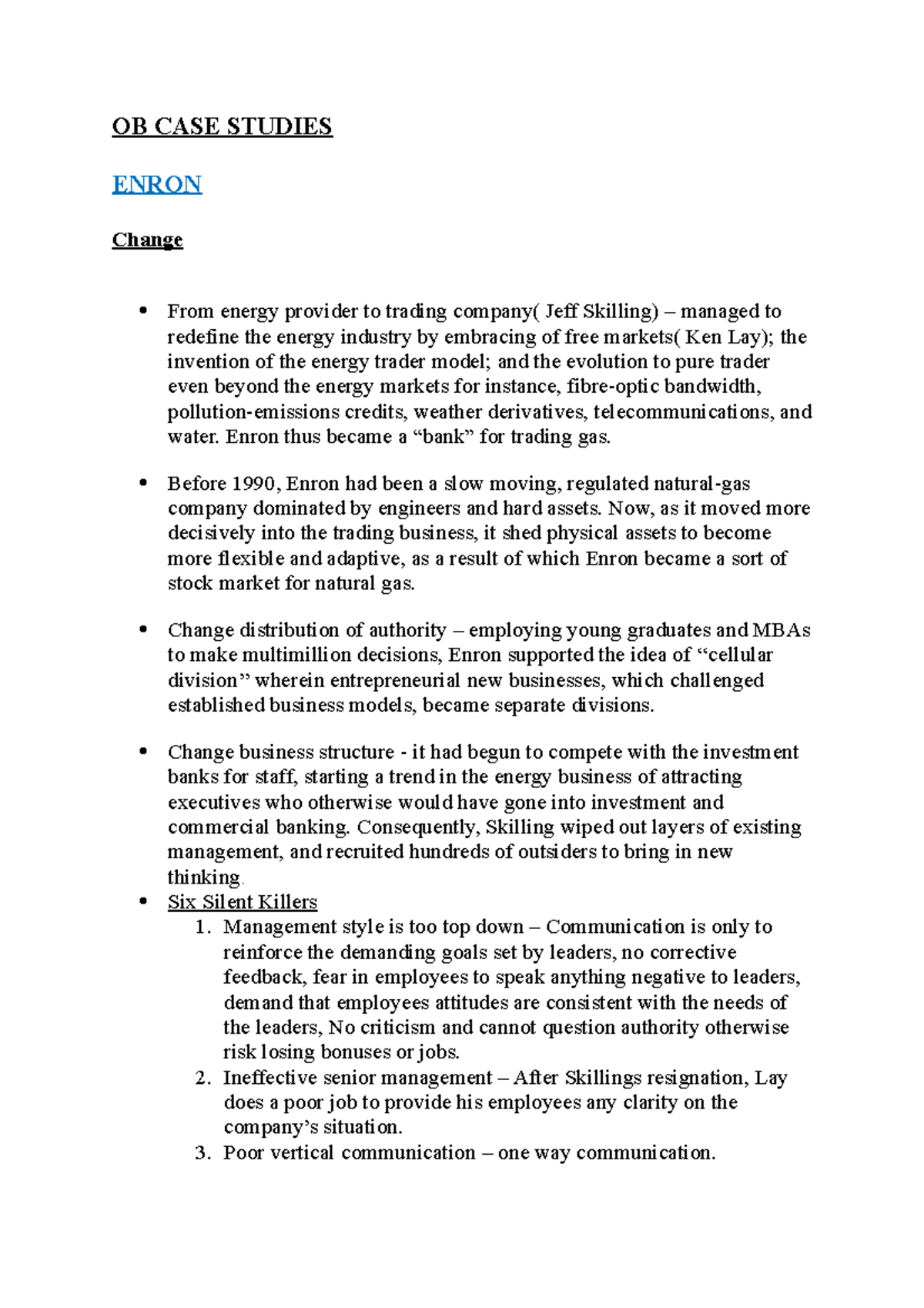 OB cases summary - OB CASE STUDIES ENRON Change From energy provider to ...