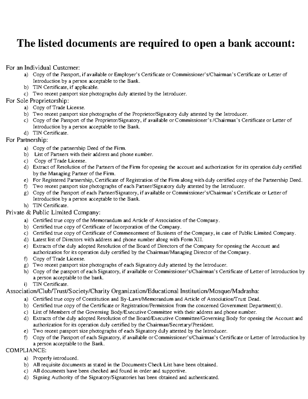 Documentation Check List for Account Opening - The listed documents are ...
